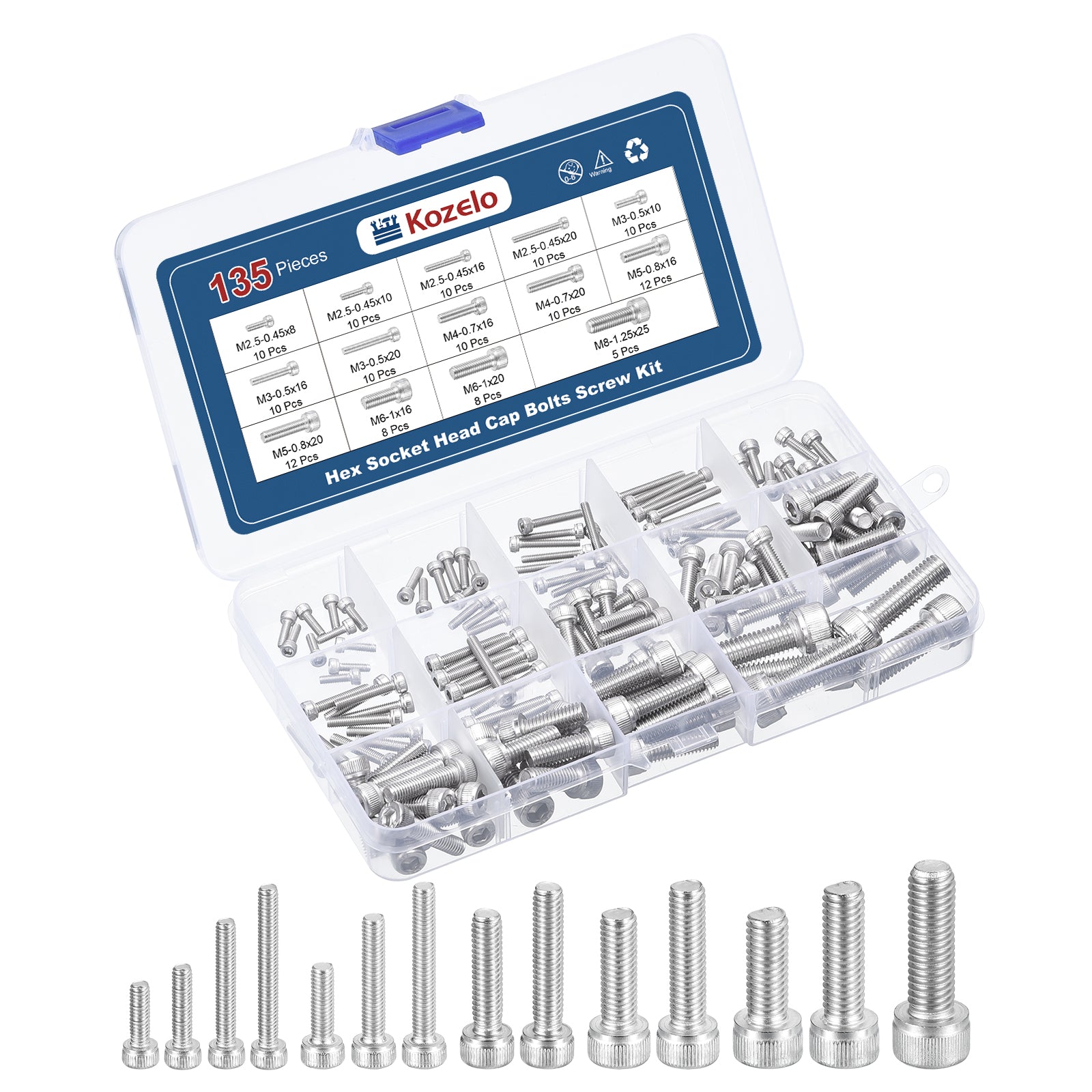 135pcs M2.5/M3/M4/M5/M6/M8 Socket Head Cap Screw Bolts Nuts Kit, Stainless Steel | Harfington