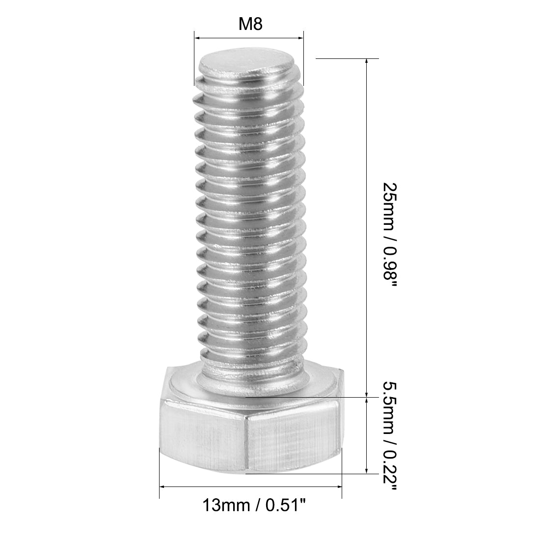 Uxcell M8x25mm Hex Bolts 304 Stainless Steel Hexagon Screw Bolt 20pcs ...