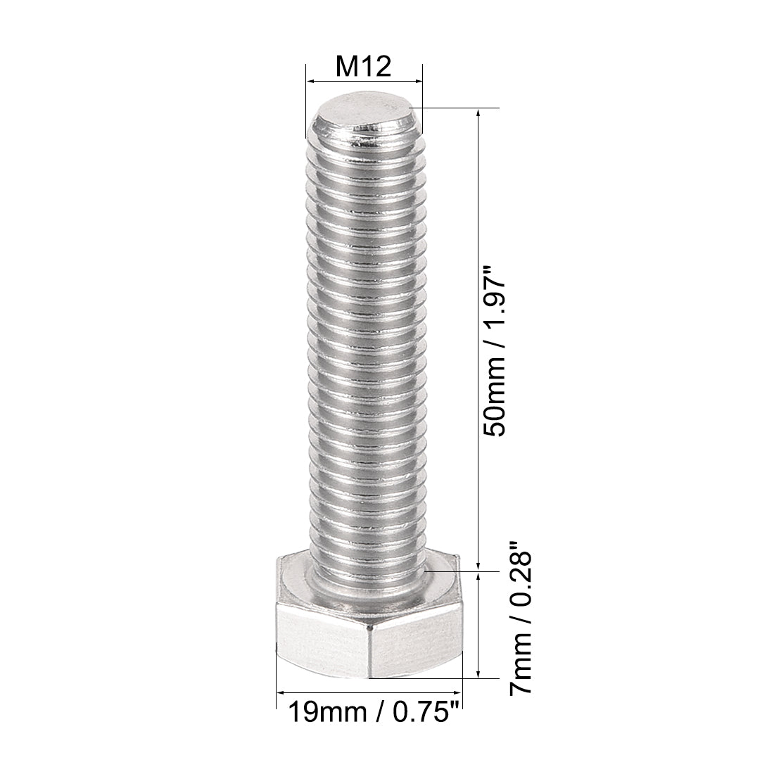 Uxcell M12x50mm Hex Bolts 304 Stainless Steel Hexagon Left Hand Screw ...