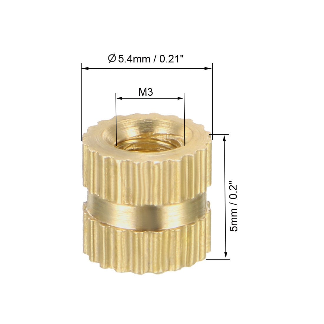 Uxcell M3 x 5mm(L) x 5.4mm(OD) Female Thread Brass Knurled Threaded ...