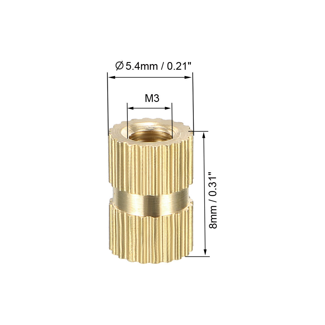 Uxcell M3 x 8mm(L) x 5.4mm(OD) Female Thread Brass Knurled Threaded ...