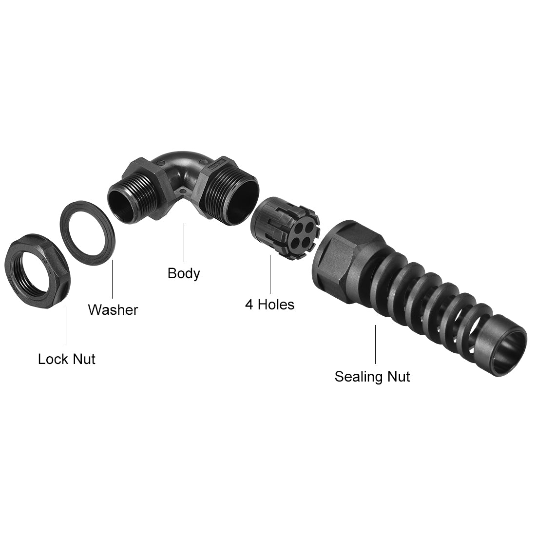 Uxcell M20 Cable Gland 90 Degree 4 Holes Waterproof IP68 Nylon Joint ...