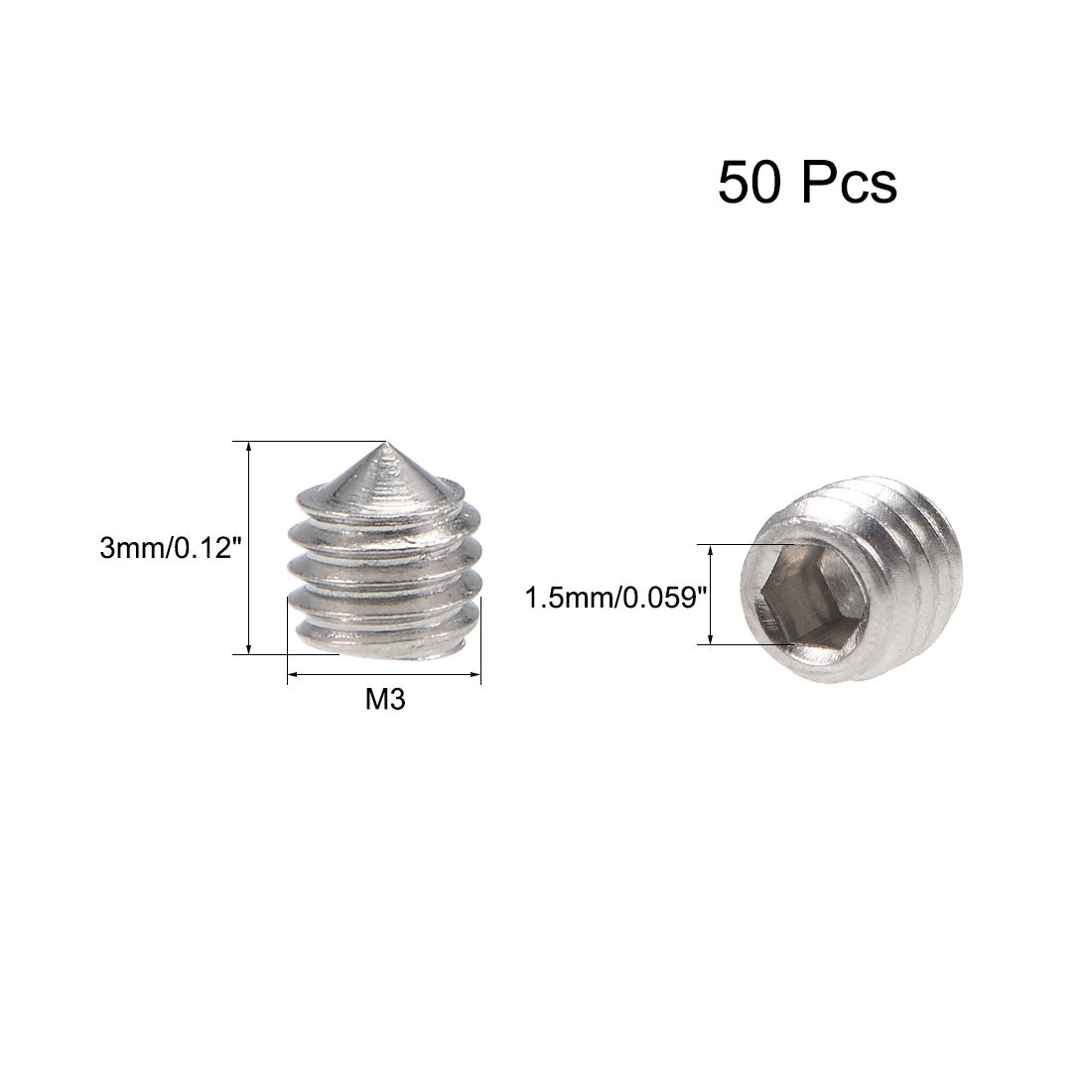 Uxcell 50Pcs M3x3mm Internal Hex Socket Set Grub Screws Cone Point 304 ...