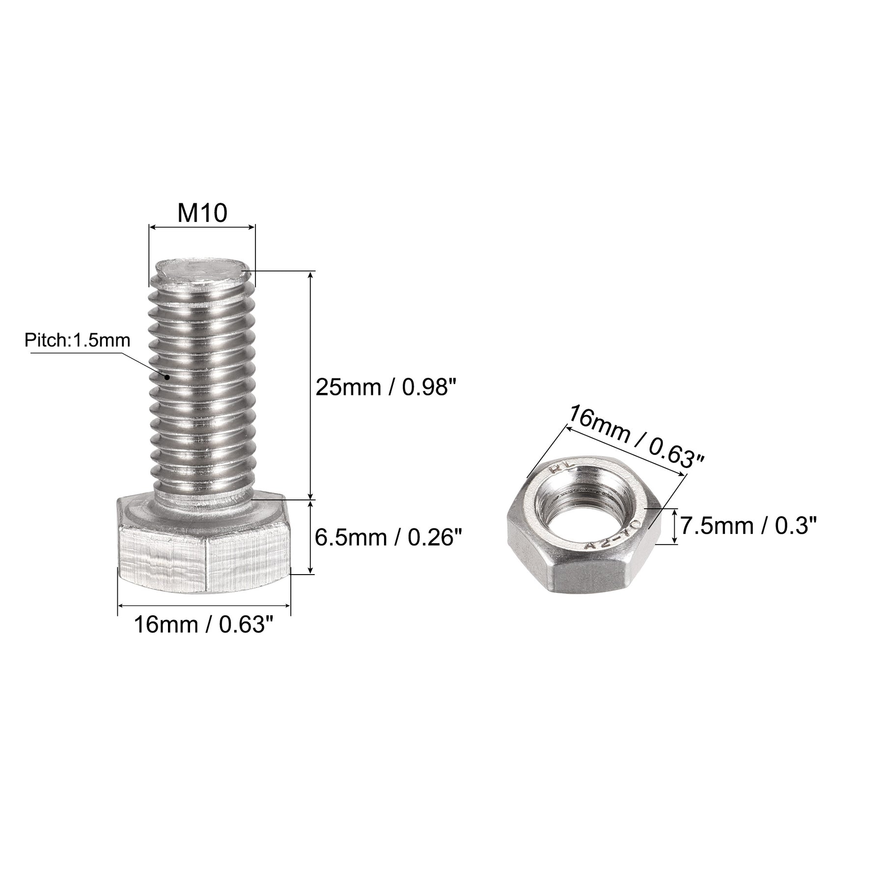 Uxcell M10 x 25mm Hex Head Screws Bolts, Nuts, Flat & Lock Washers Kits, 304 Stainless Steel ...