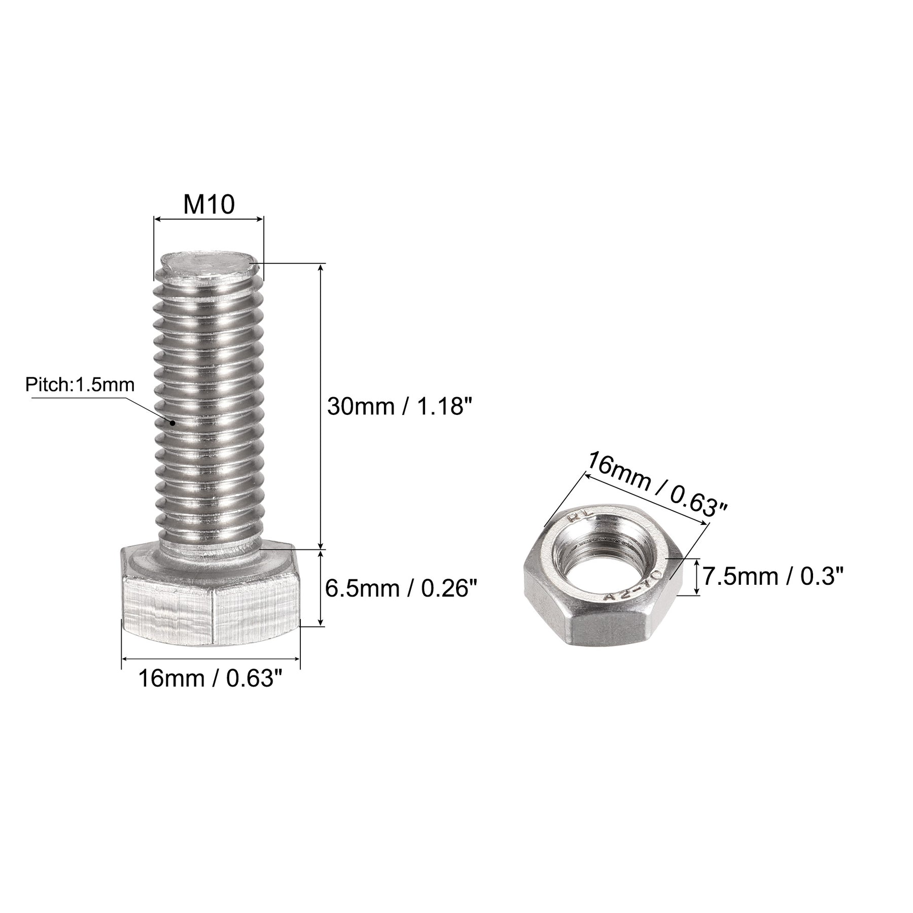 Uxcell M10 x 30mm Hex Head Screws Bolts, Nuts, Flat & Lock Washers Kits, 304 Stainless Steel ...