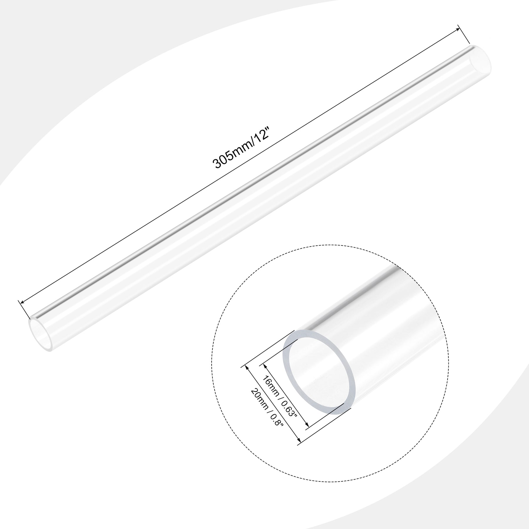 Acrylic Pipe Rigid Round Tube Clear 16mm(5/8") ID 20mm(0.9") OD 305mm ...