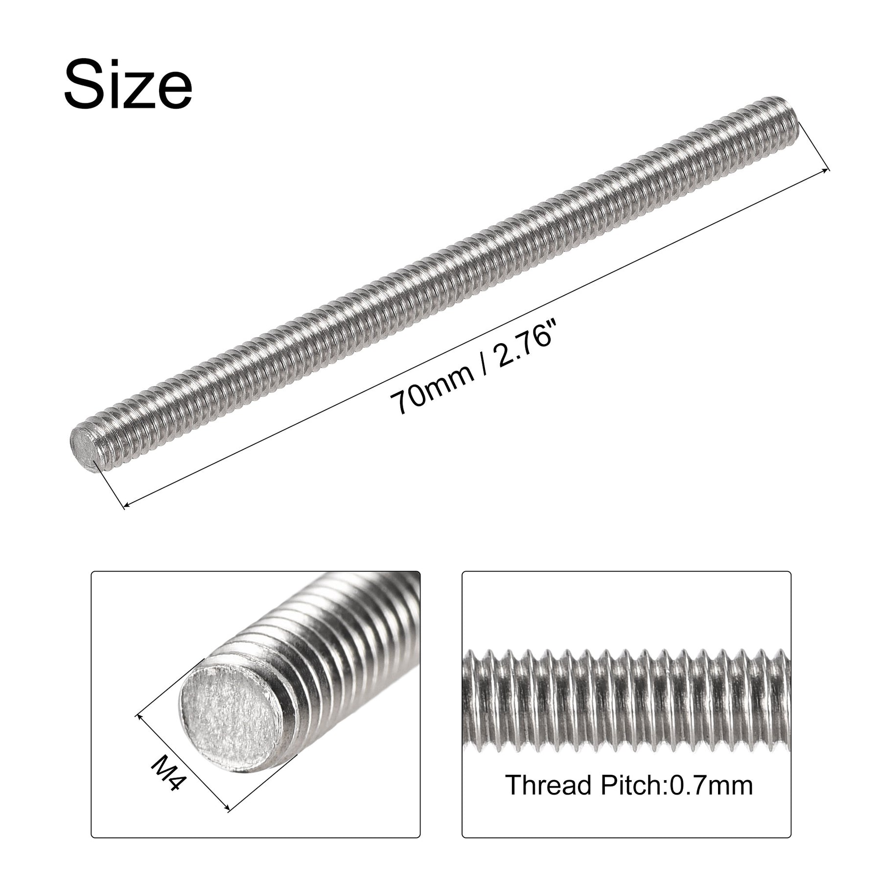Uxcell 5Pcs M4 x 70mm Fully Threaded Rod 304 Stainless Steel Right Hand ...