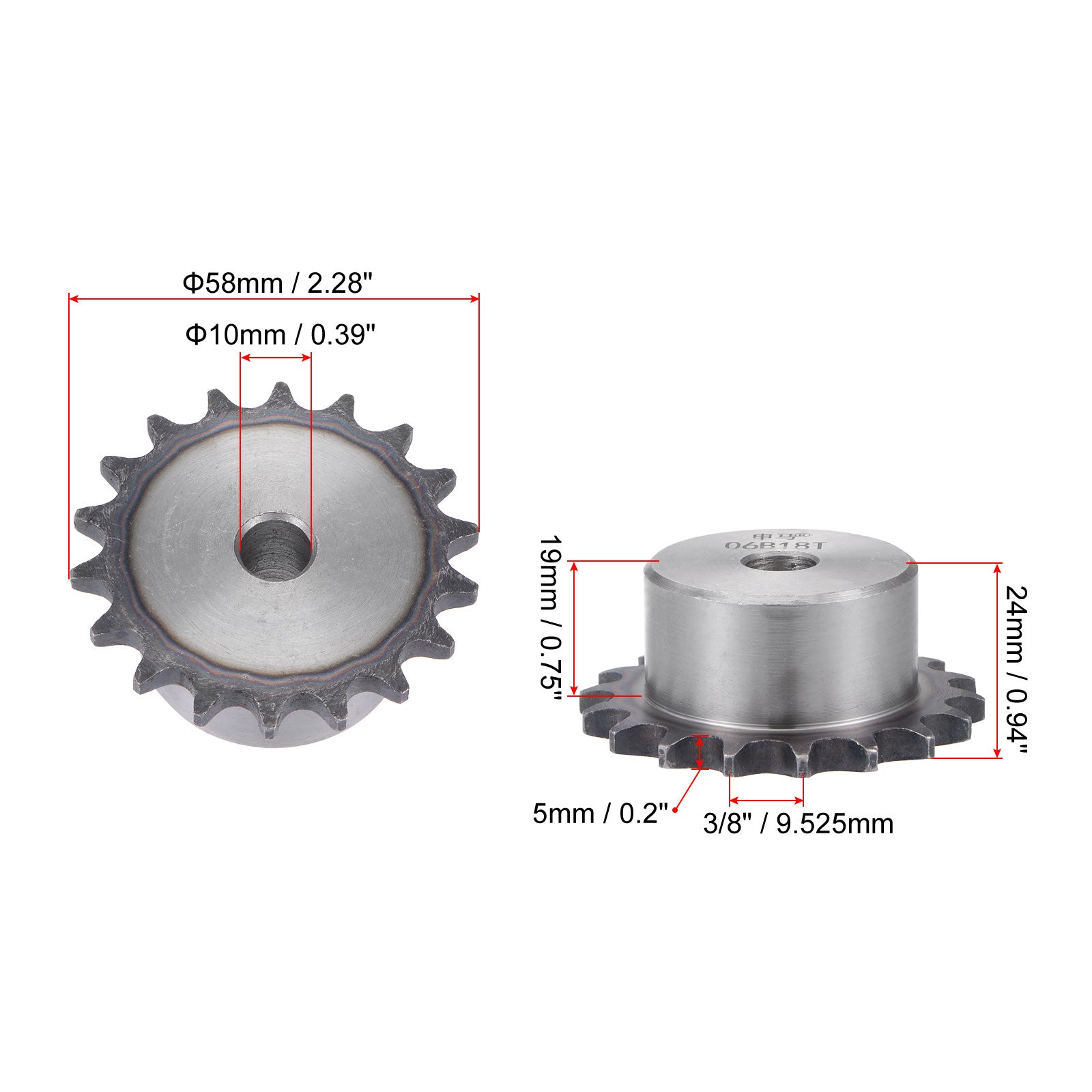 Uxcell 18 Teeth Sprocket Single Strand 3/8" Pitch, 10mm Bore Carbon ...