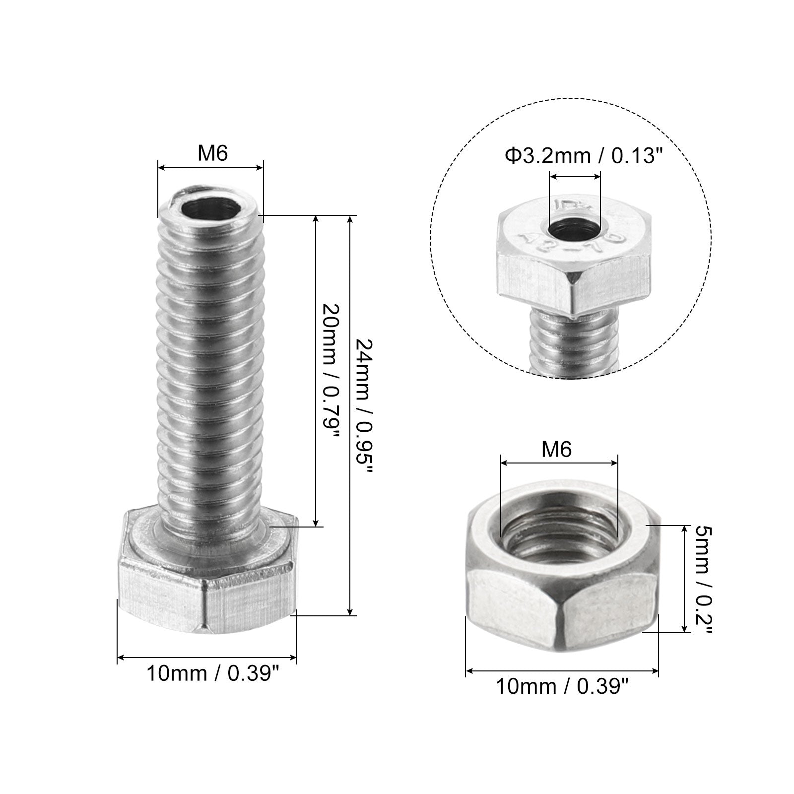 M6x20mm Hollow Screw Bolts External Hexagon Fasteners with Nuts, 304 ...