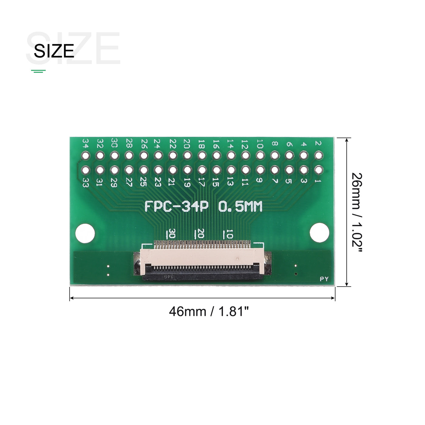 FPC Converter Board 34P 0.5mm on Socket Side, Back 1.0mm, to DIP 2.54mm 2pcs | Harfington