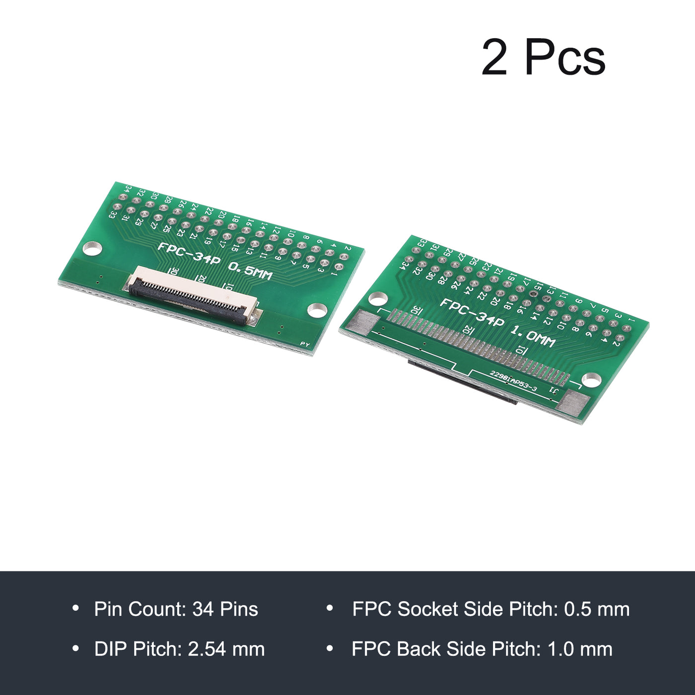 FPC Converter Board 34P 0.5mm on Socket Side, Back 1.0mm, to DIP 2.54mm 2pcs | Harfington