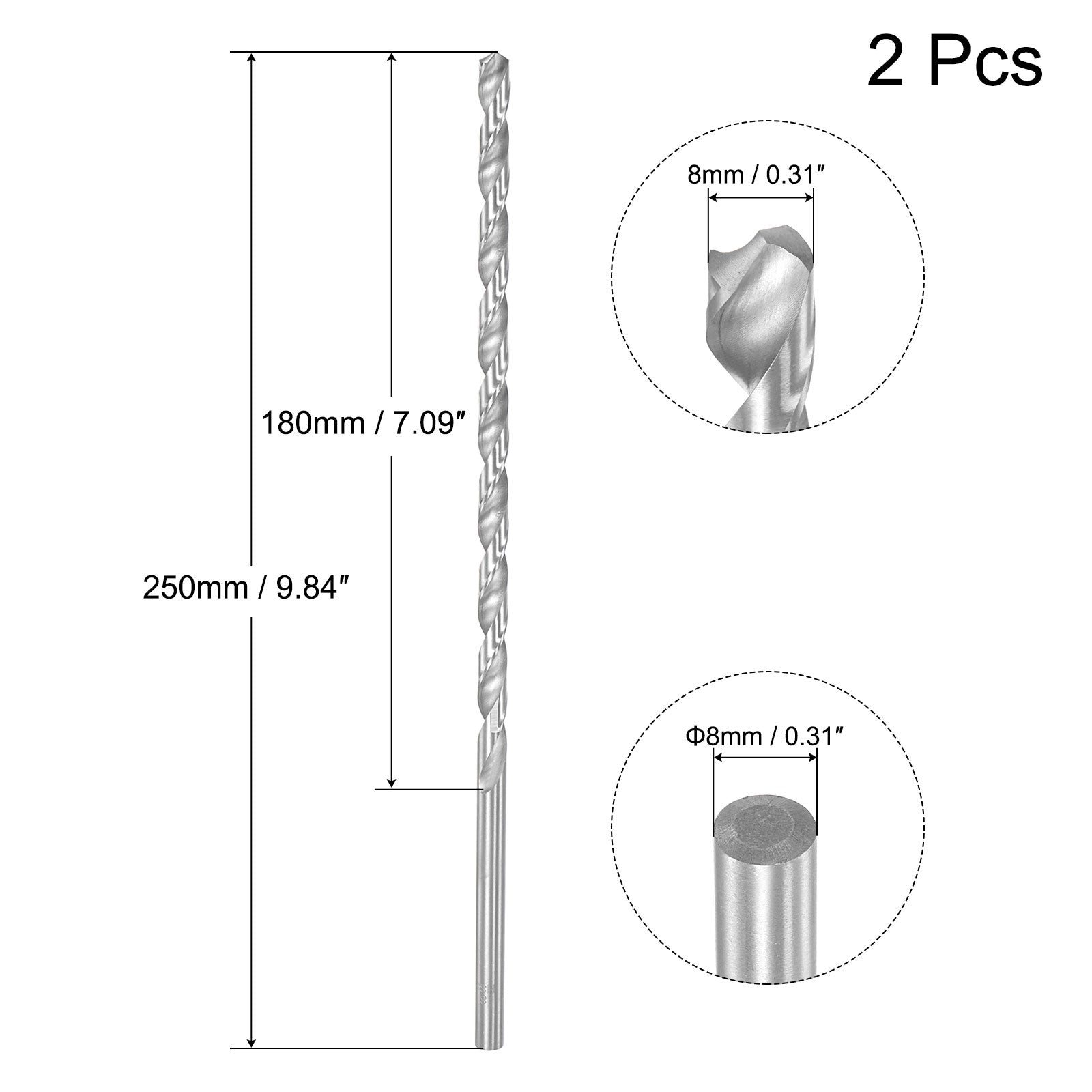 Uxcell High Speed Steel Extended Twist Drill Bits 8mm Drill Dia. 250mm ...