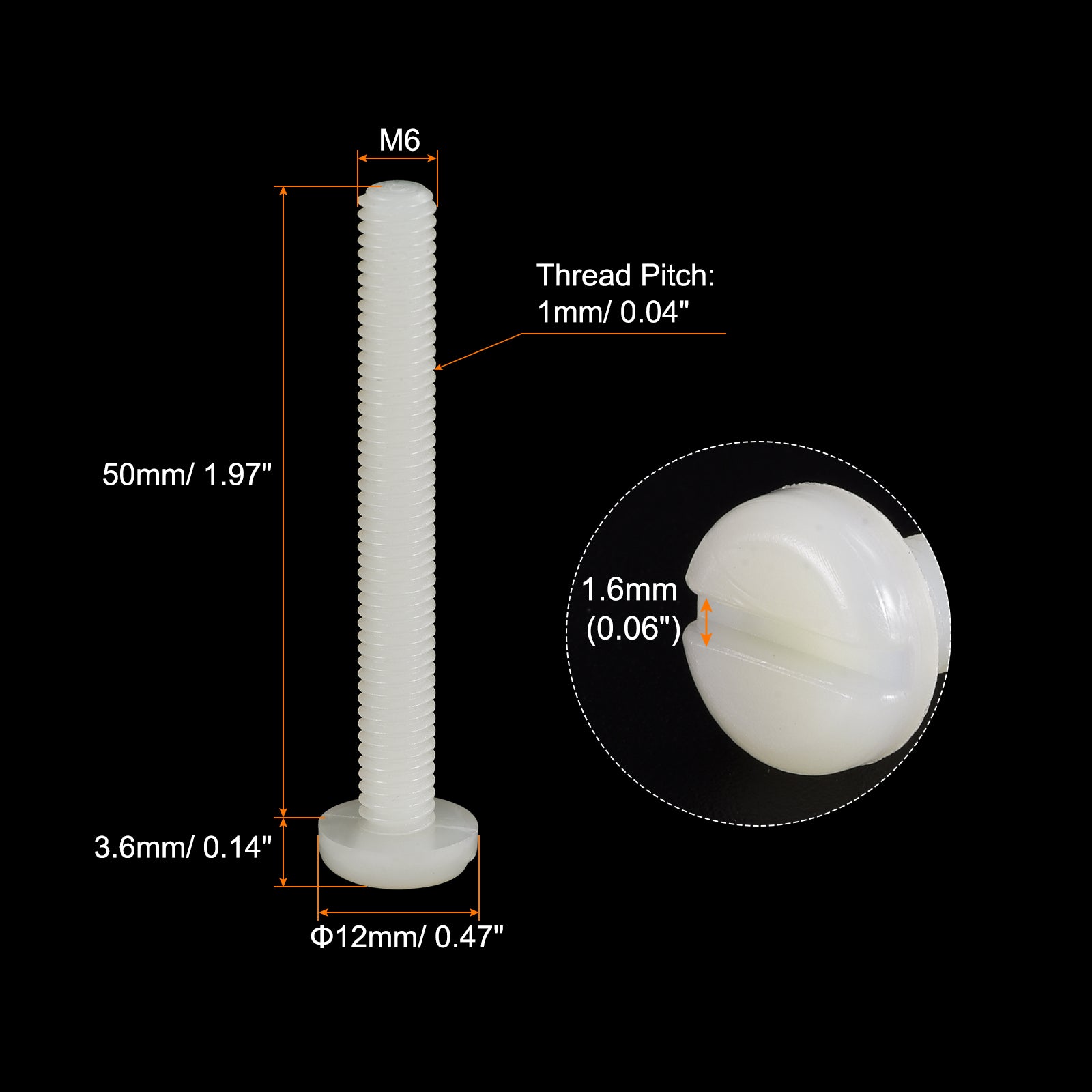 Uxcell Nylon Machine Screws, M6x50mm Slotted Pan Head Fasteners Bolts ...