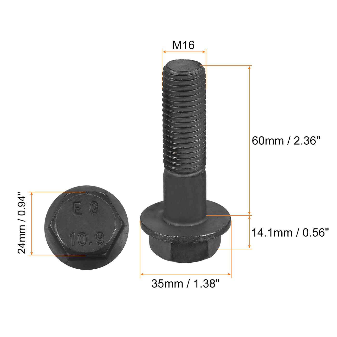 M16 x 60mm Carbon Steel Black Oxide Coating Hex Flange Bolts | Harfington