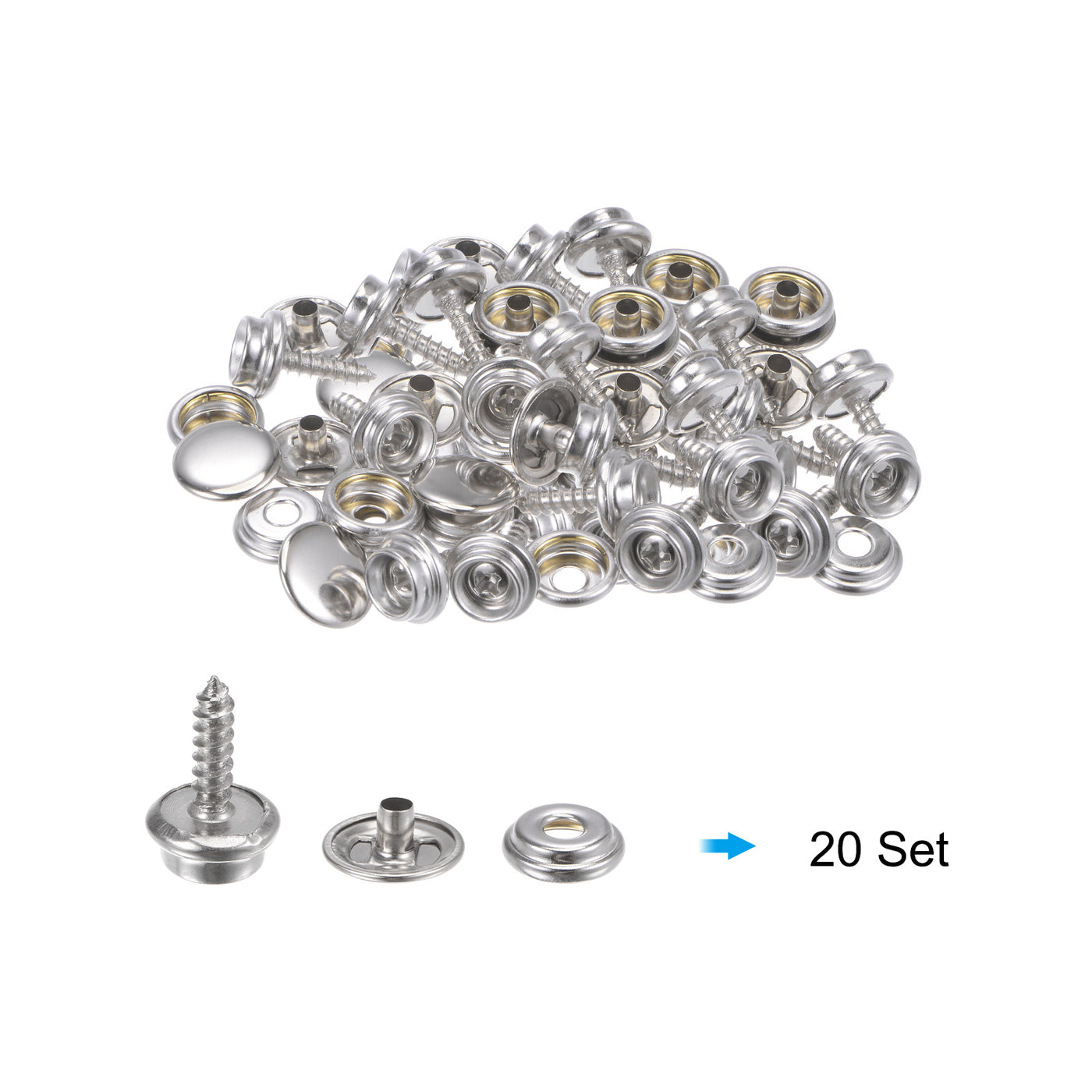 20 Sets Screw Snap Fasteners Kit 15mm Metal Snaps Button Silver Tone ...