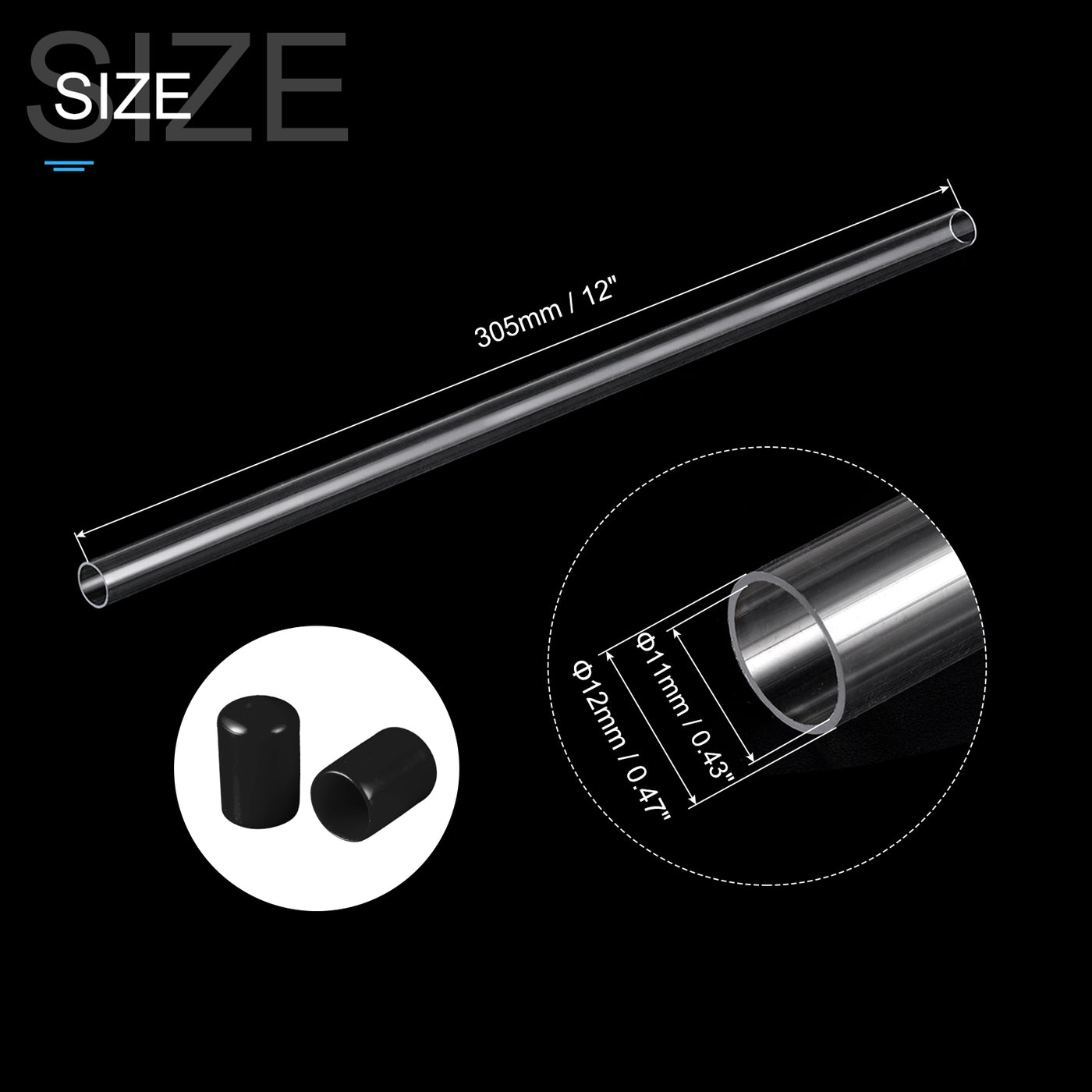 Clear Rigid Tube Round Plastic Tubing with Black Rubber Caps ...