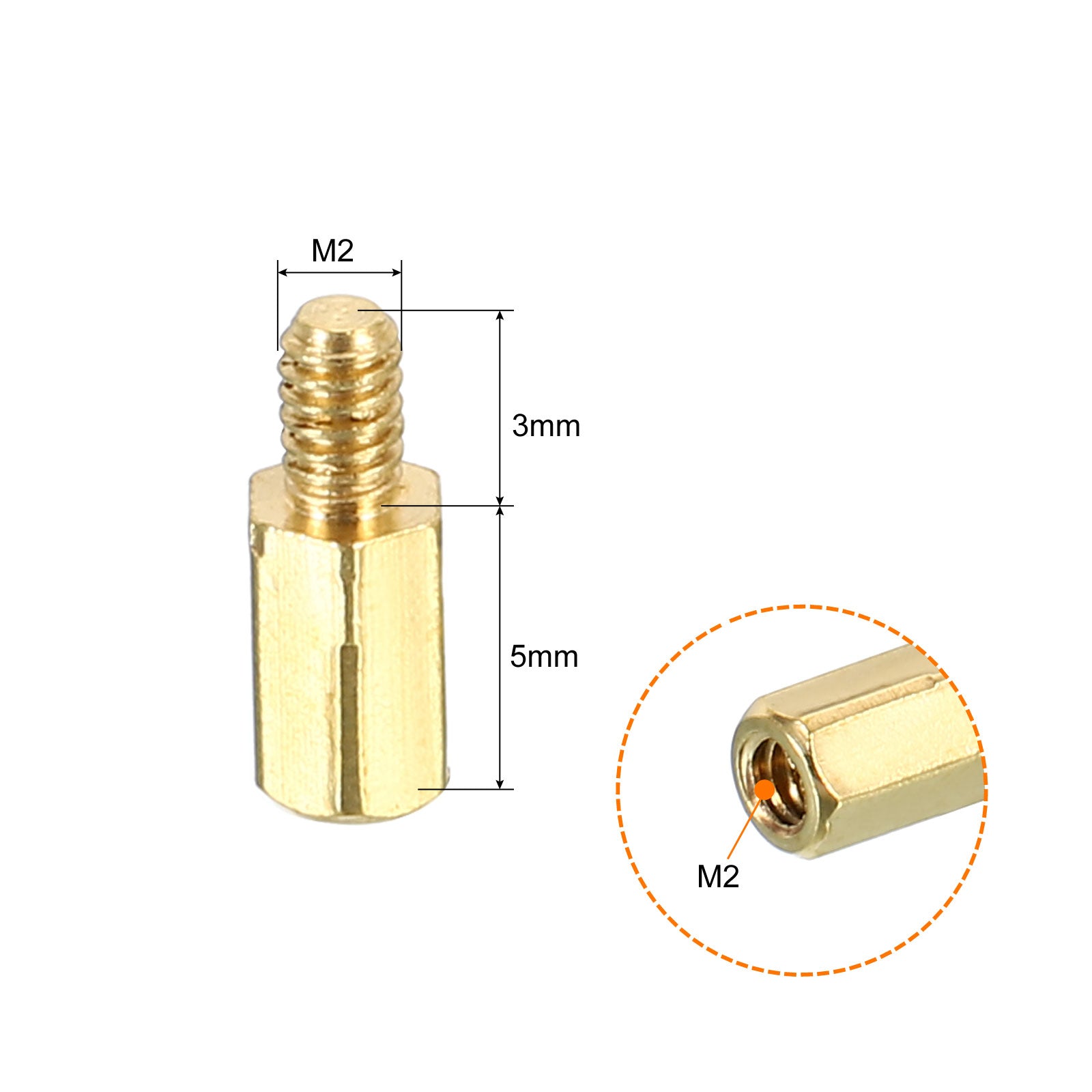 5mm+3mm M2 Standoff Screws 100 Pack Brass Hex PCB Standoffs Nuts Gold ...