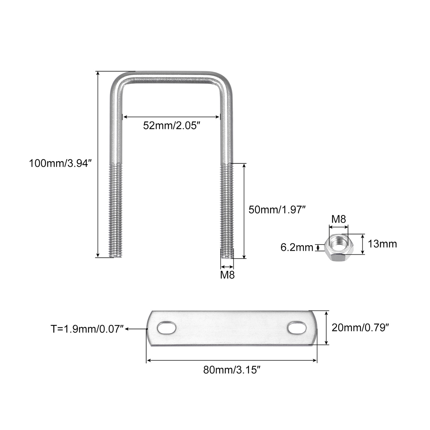 Square U-Bolts, 5 Sets 52mm Inner Width 100mm Length M8 with Nuts and ...