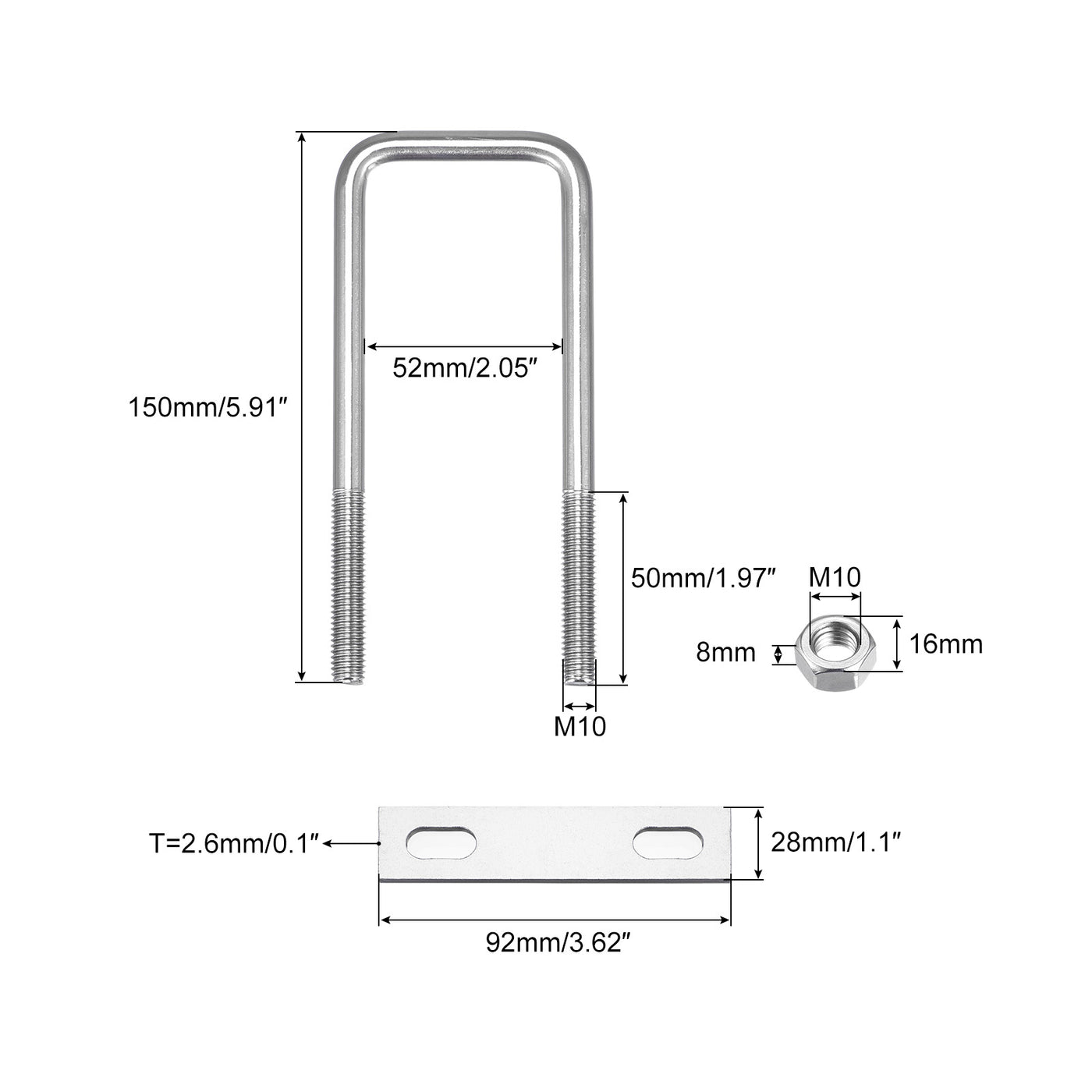 Uxcell Square U-Bolts, 2 Sets 52mm Inner Width 150mm Length M10 with ...