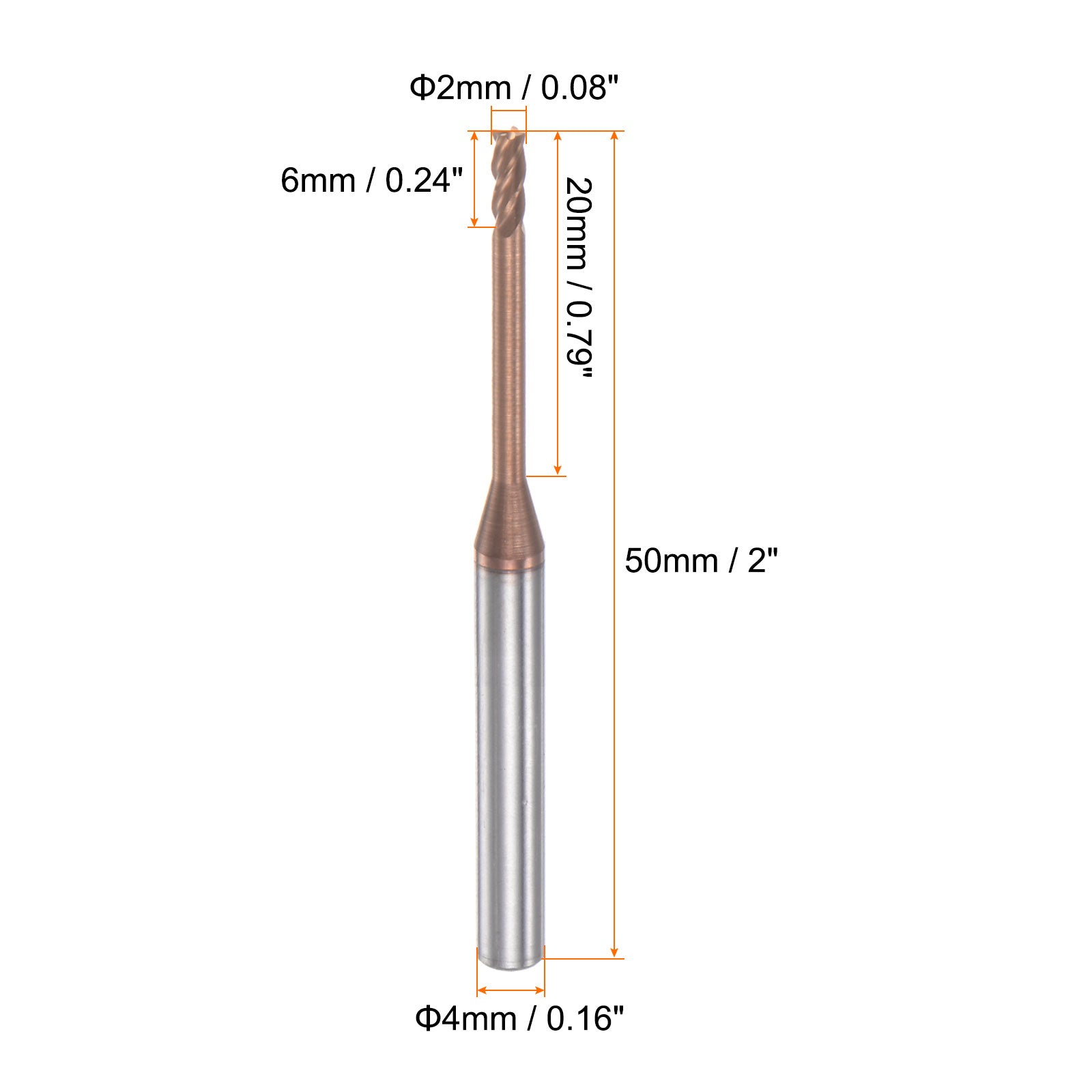4mm Shank 2mm x 20mm Titanium Coated Solid Carbide 4 Flutes Square End ...