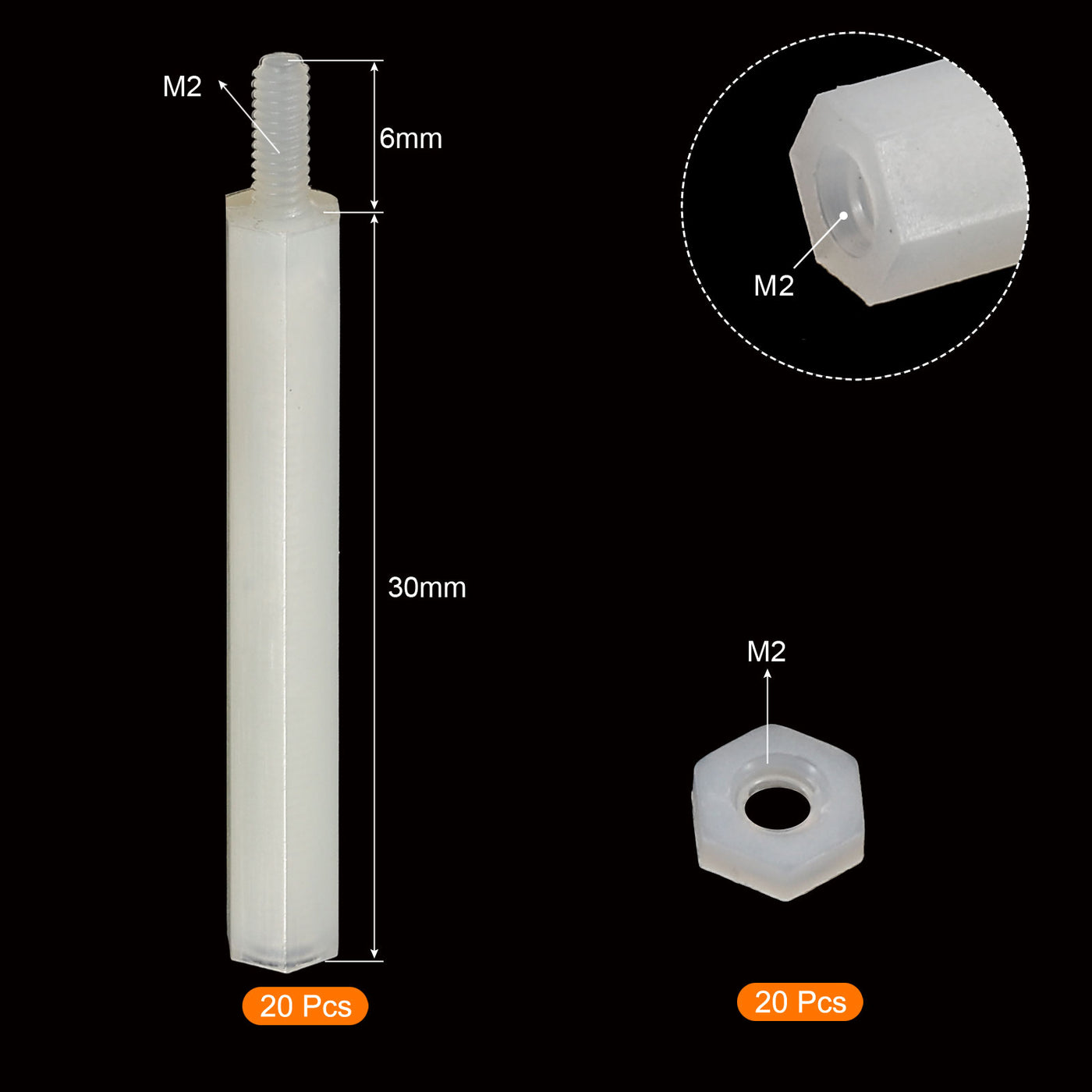 M2 Standoff Screws 40 Pack Nylon Hex PCB Standoffs Nuts (30mm+6mm ...