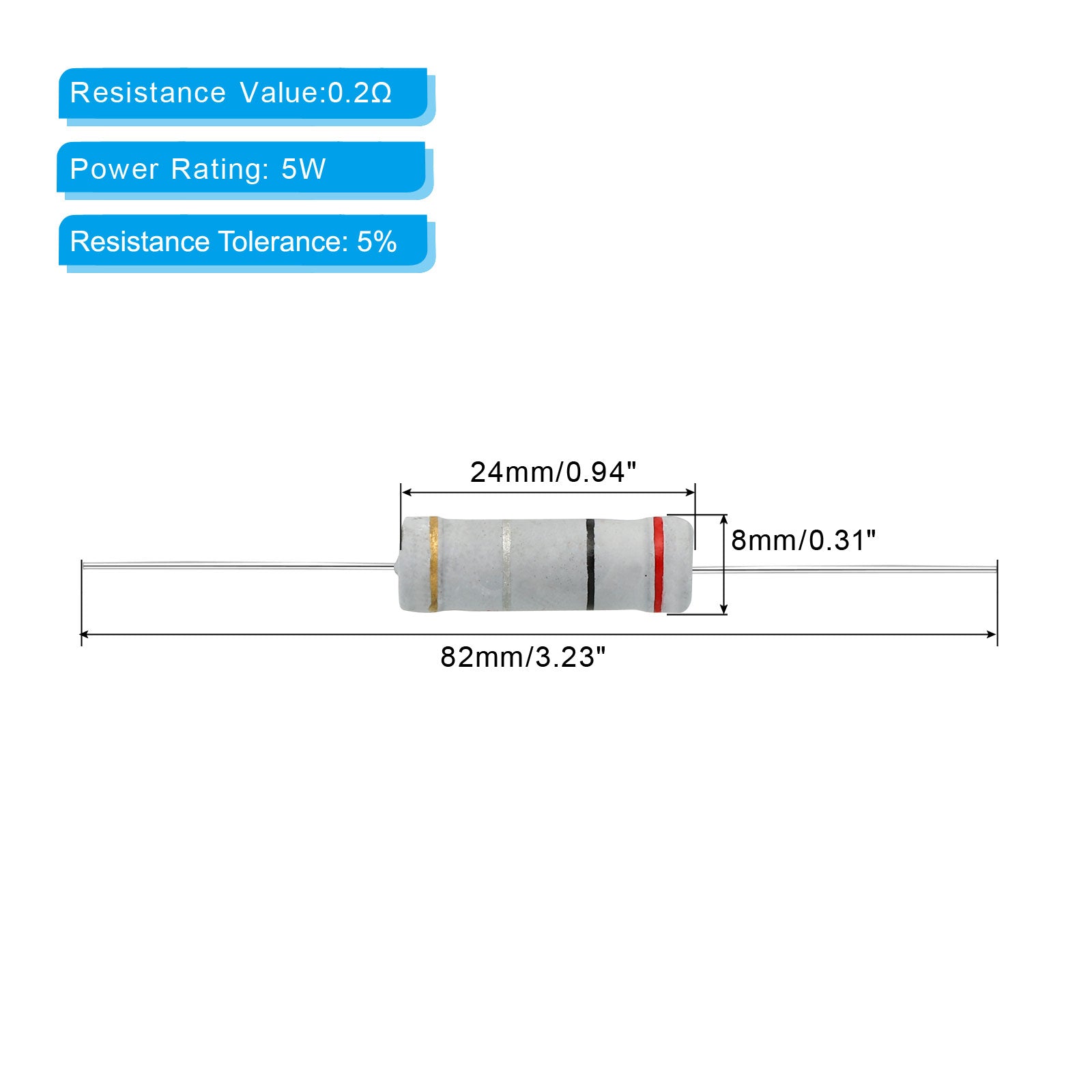 5Watt 0.2 Ohm Carbon Film Resistor, 10 Pcs 5% Tolerance Resistors Axial ...