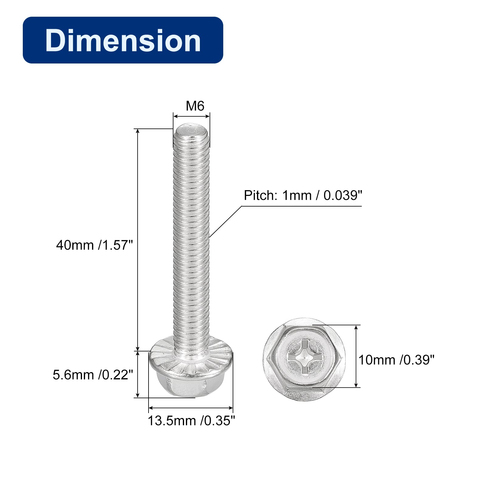 Uxcell M6x40mm Phillips Hex Head Flange Bolts, 20pcs 304 Stainless Steel Screws | Harfington