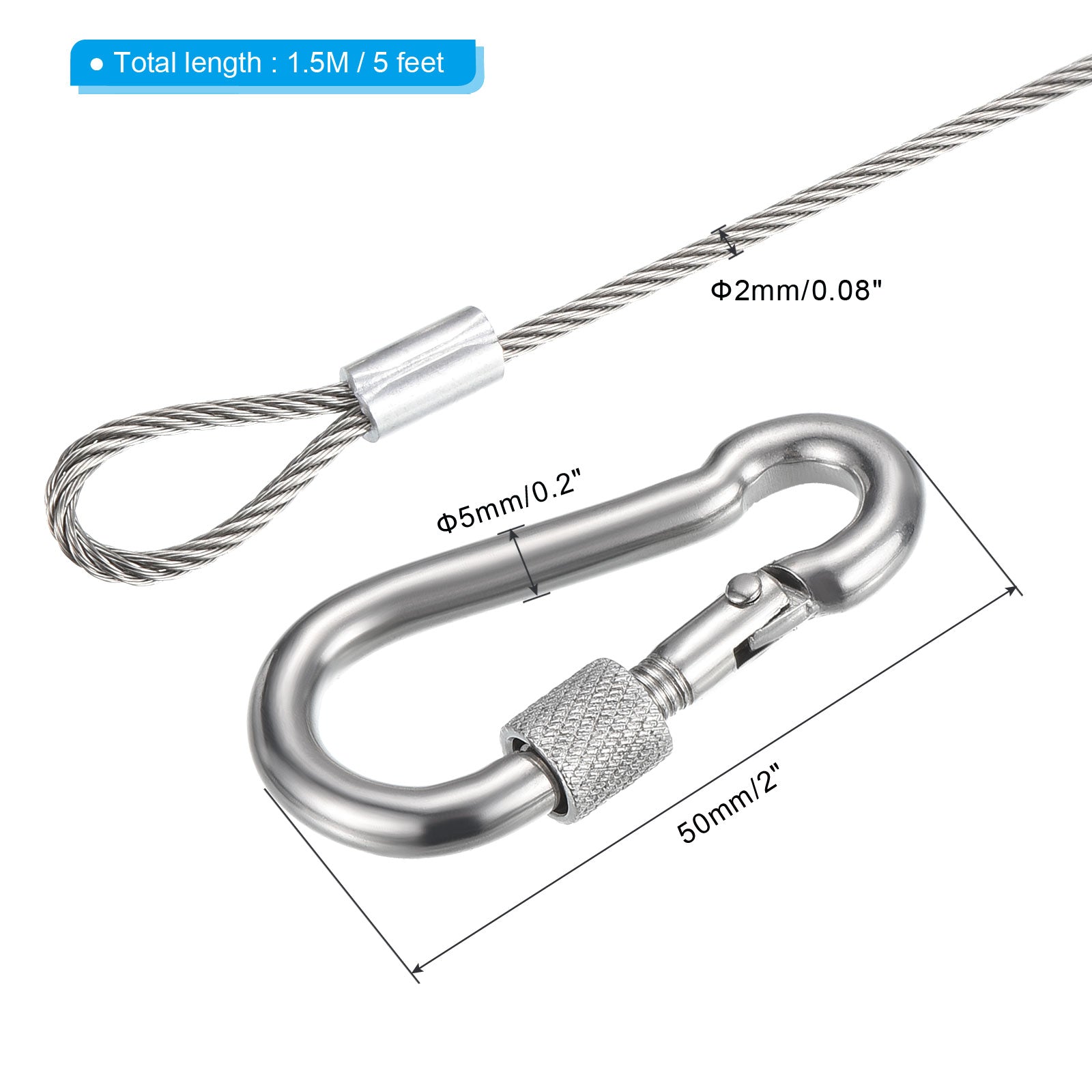 2mmx1.5m(5Ft) Safety Cable Lock Wire with Snap Hook, Stainless Steel ...