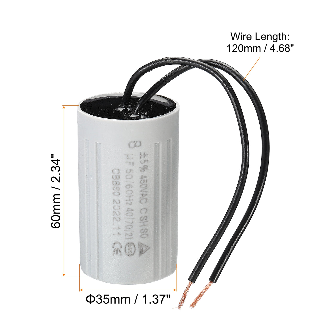 CBB60 8uF Running Capacitor, 2pcs AC 450V 2 Wires 50/60Hz Cylinder 60x35mm | Harfington