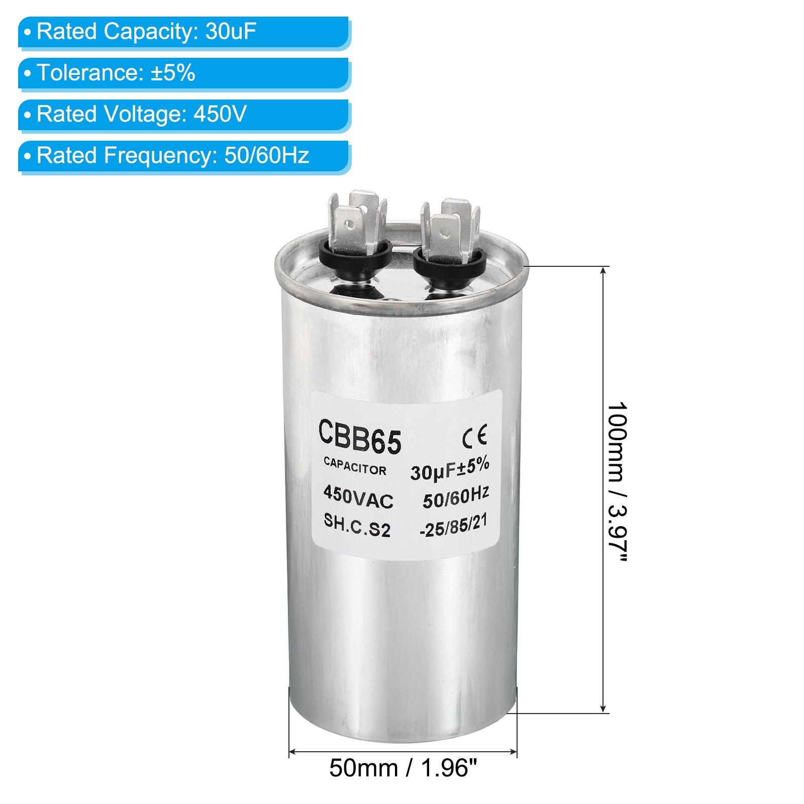 CBB65 30uF Run Capacitor,30mfd 1Pcs AC 450V Aluminum Case with 2 Terminal | Harfington