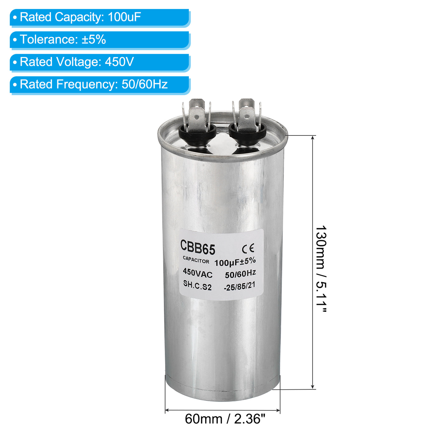 CBB65 100uF Run Capacitor,100mfd 1Pcs AC 450V Aluminum Case with 2 ...