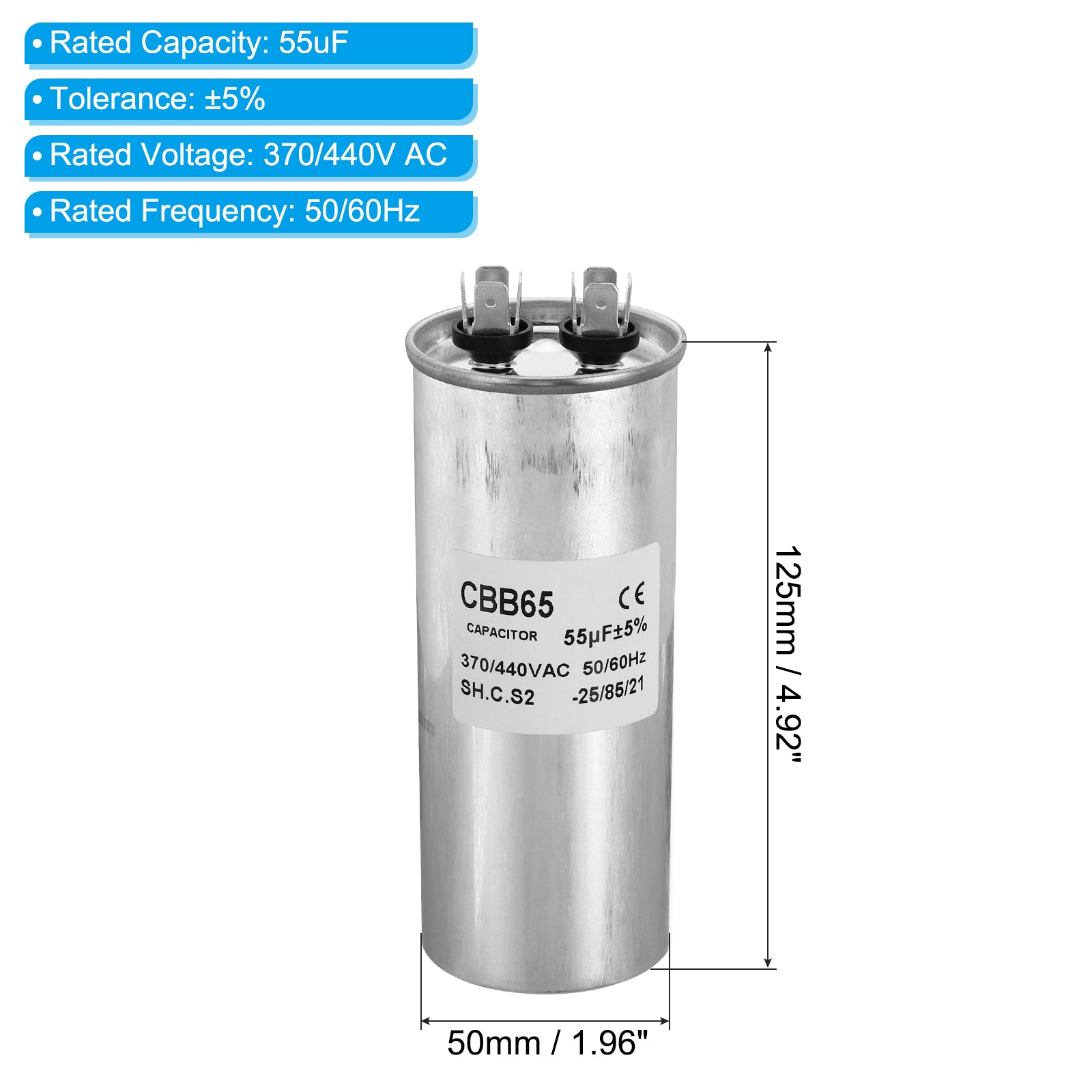 CBB65 55uF Run Capacitor,55mfd 1Pcs AC 370/440V Aluminum Case with 2 Terminal | Harfington