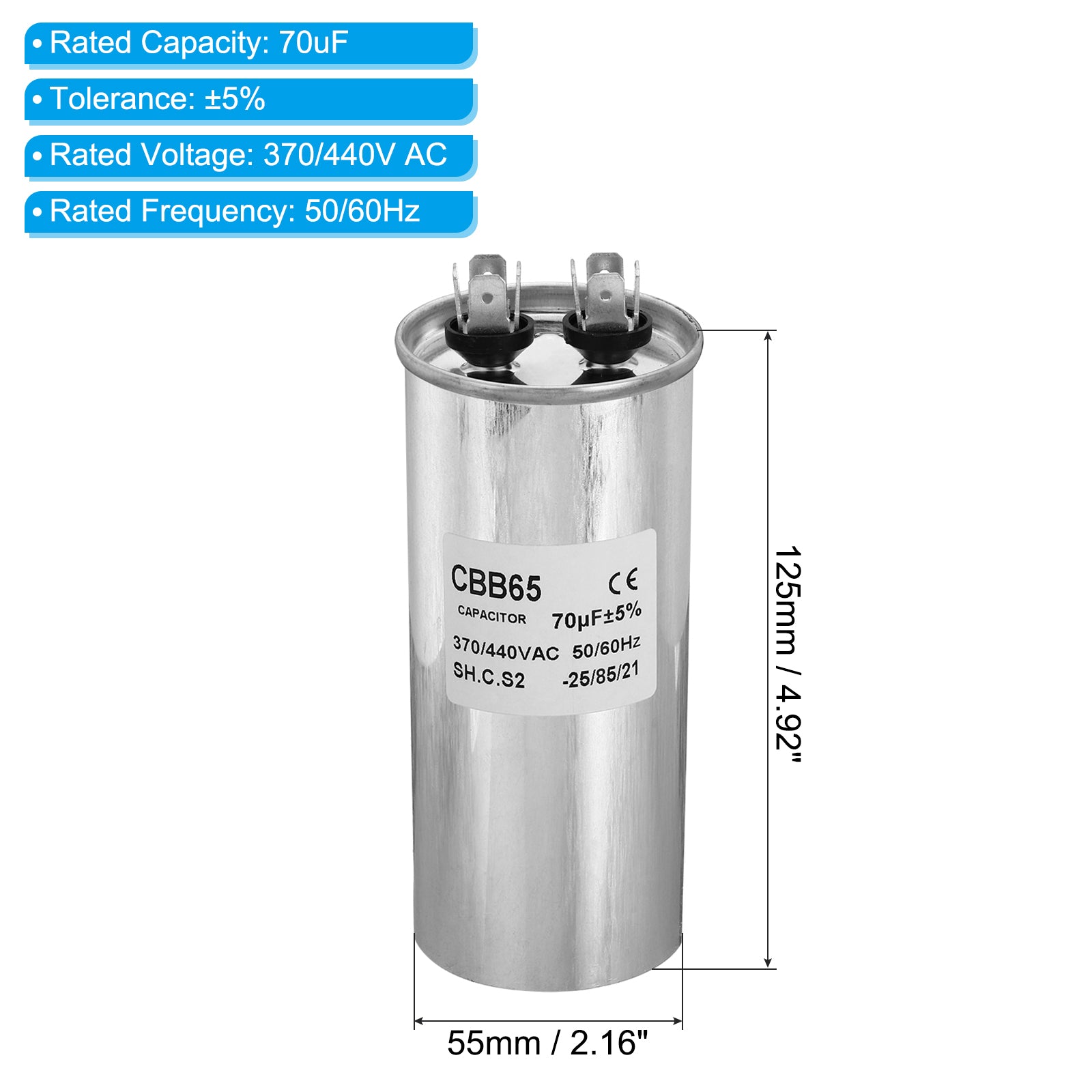 CBB65 70uF Run Capacitor,70mfd 1Pcs AC 370/440V Aluminum Case with 2 ...