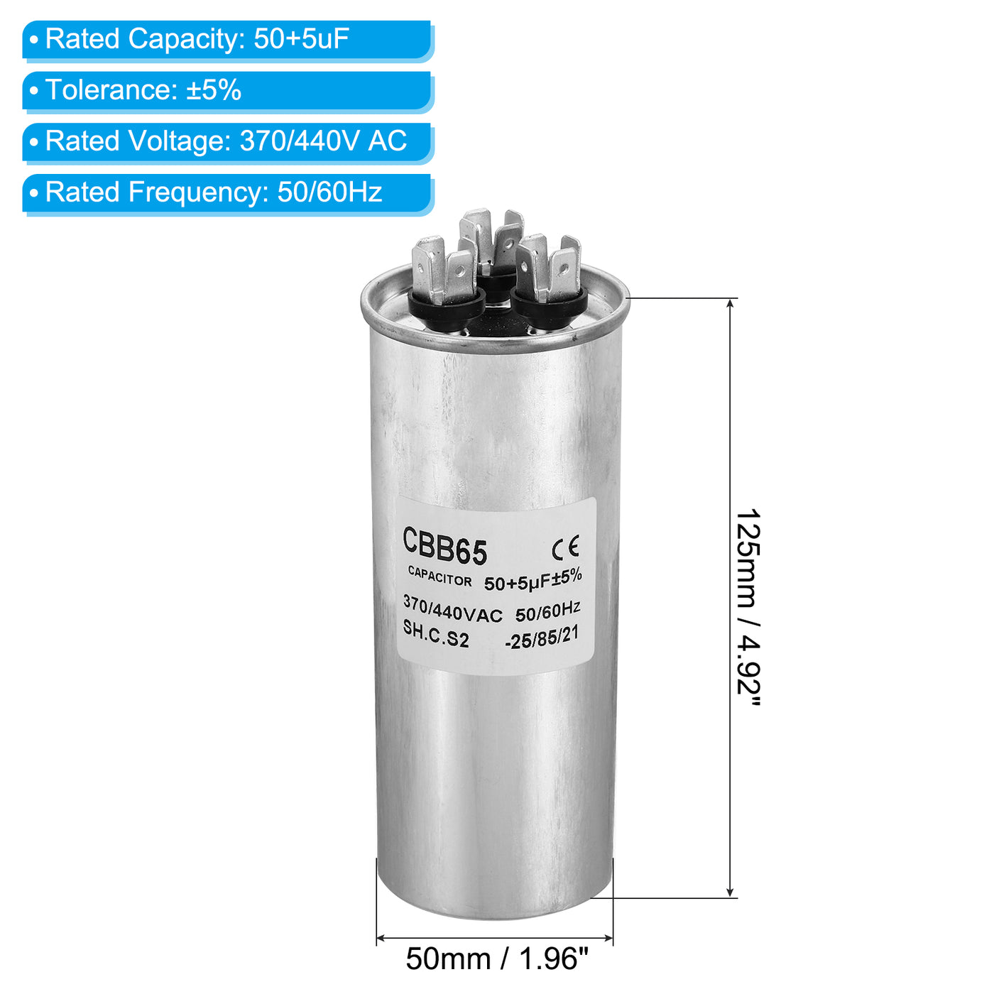 CBB65 50+5uF Run Capacitor,50+5mfd AC 370/440V Aluminum Case with 3 ...