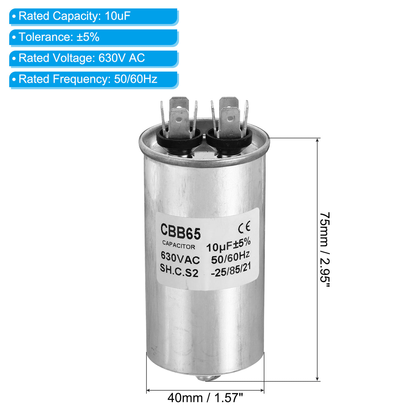CBB65 10uF Run Capacitor,10mfd AC 630V Aluminum Case with 2 Terminal M8 ...
