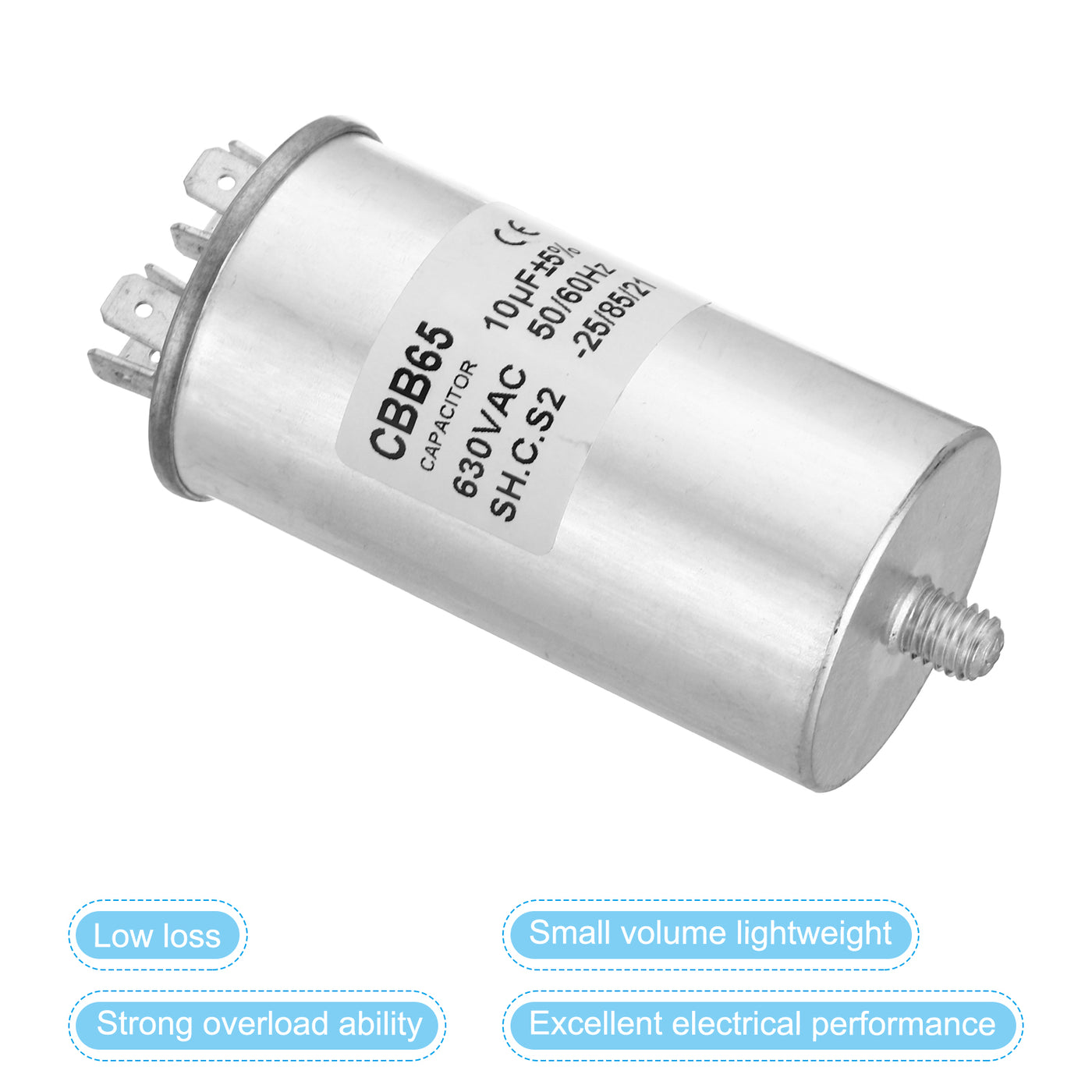 CBB65 10uF Run Capacitor,10mfd AC 630V Aluminum Case with 2 Terminal M8 Screw | Harfington