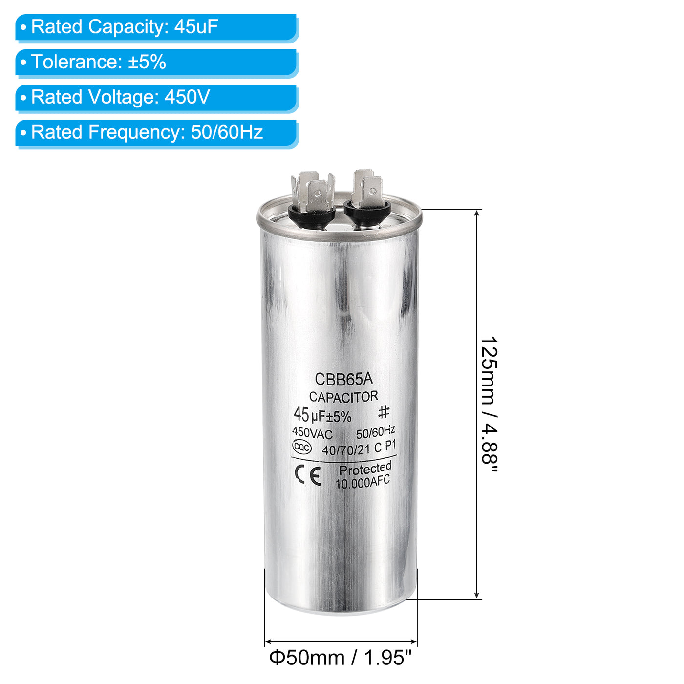 CBB65 45uf Run Capacitor, 45mfd 1Pcs AC 450V Aluminum Case Motor Start ...