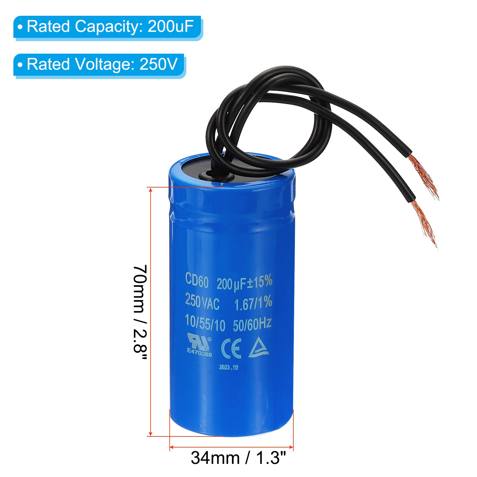 CD60 Run Capacitor, 200uF 250VAC 2 Wires 50/60Hz Motor Starting ...