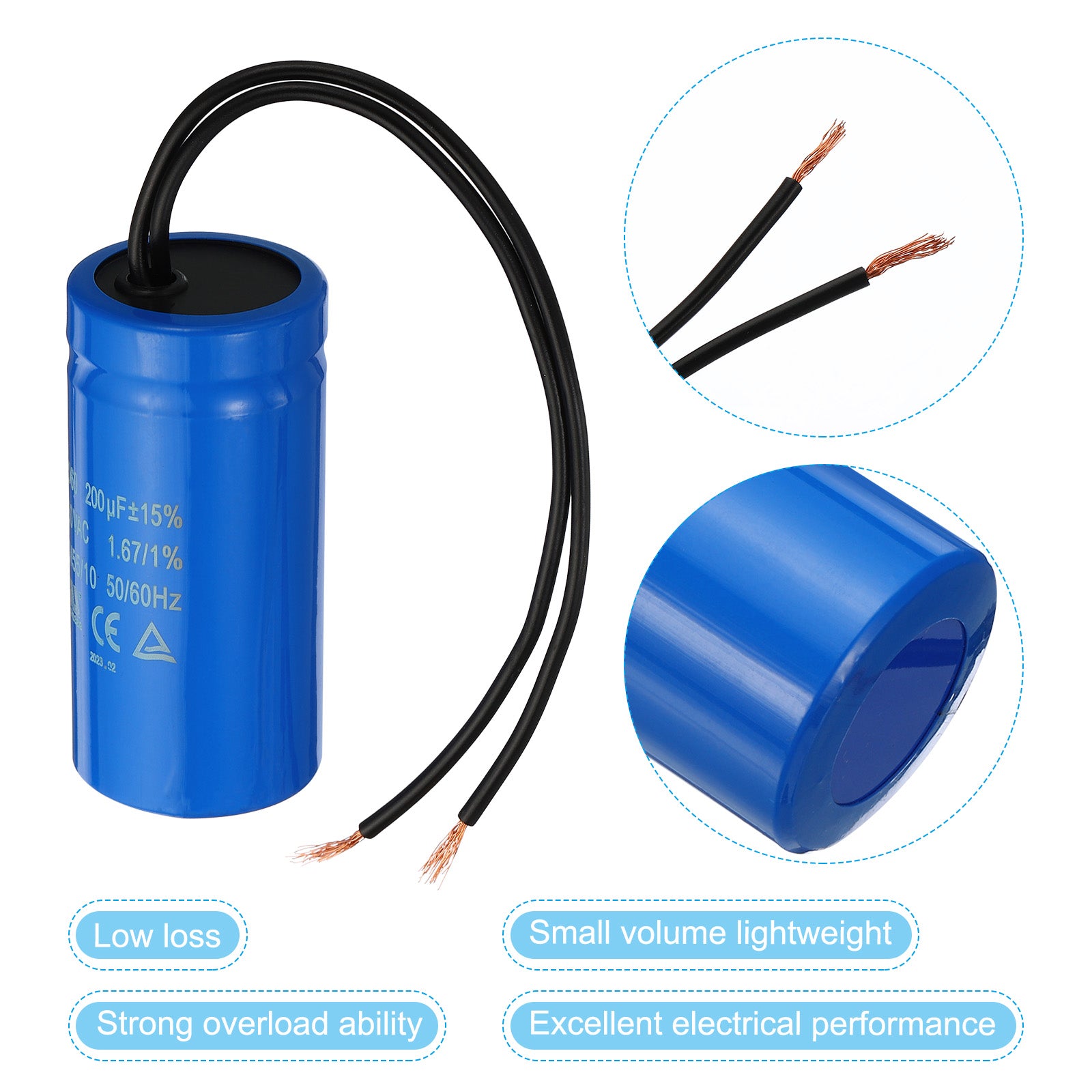 CD60 Run Capacitor, 200uF 250VAC 2 Wires 50/60Hz Motor Starting ...