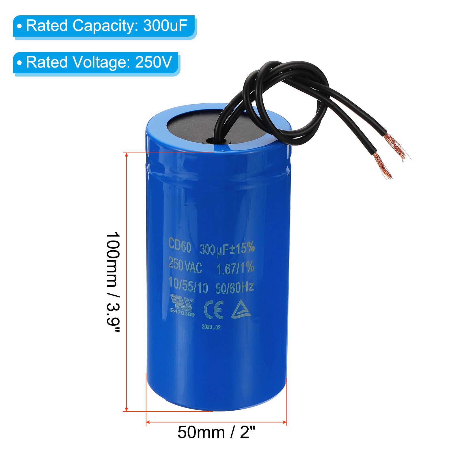 CD60 Run Capacitor, 2 Pack 300uF 250VAC 2 Wires 50/60Hz Motor Starting ...