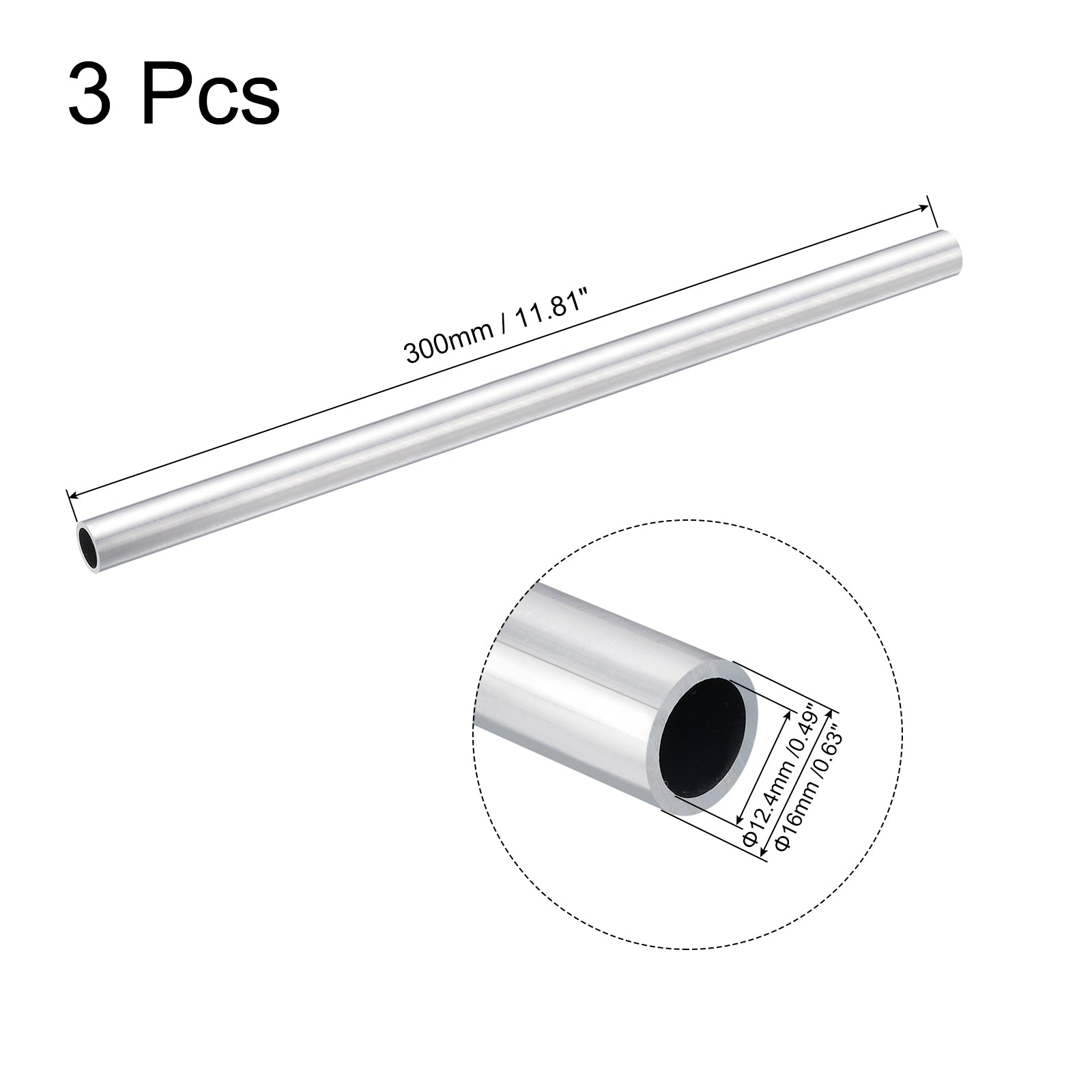 Uxcell 6063 Aluminum Round Tube 16mm OD 12.4mm Inner Dia 300mm Length ...