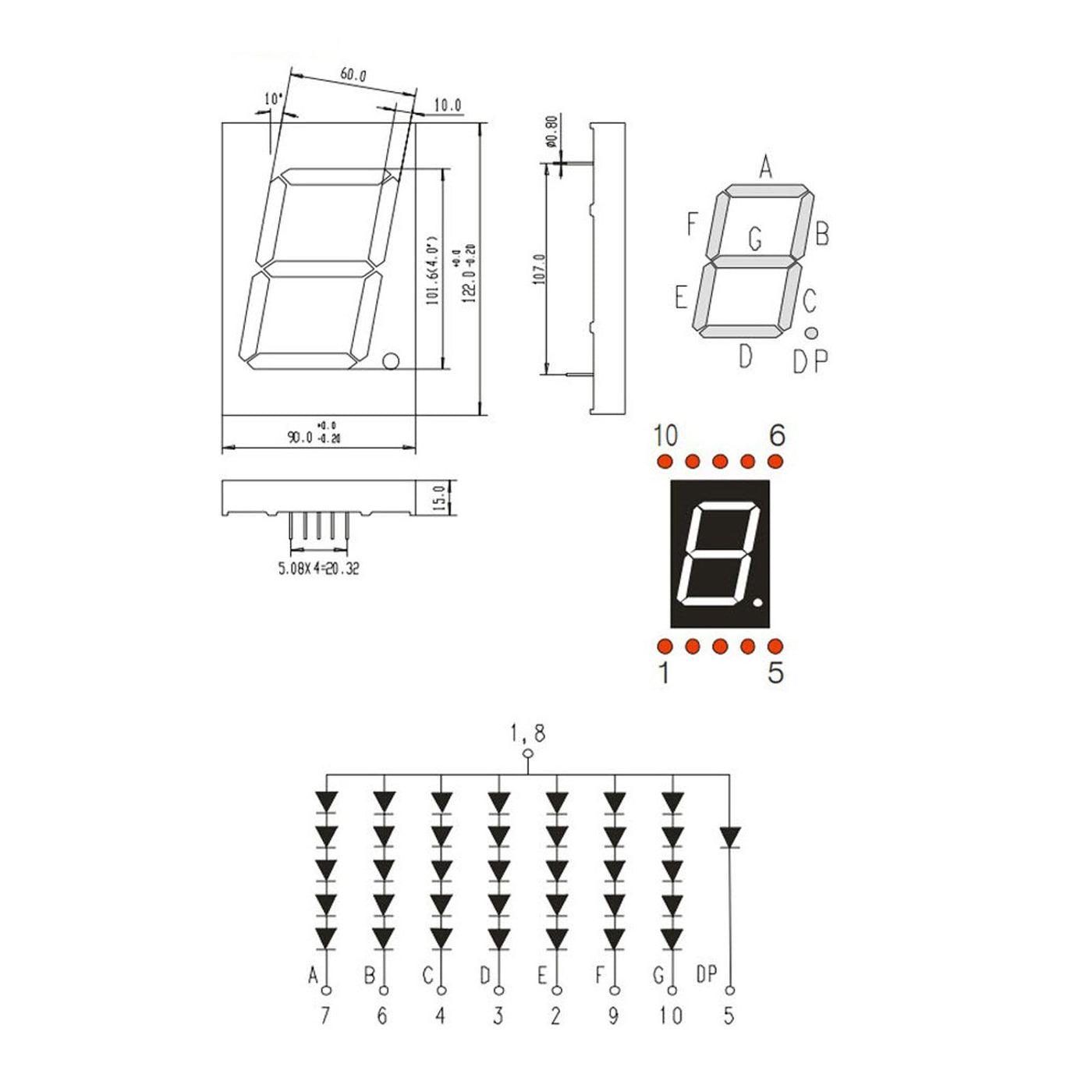 LED Display Digital Tube, Common Anode 7 Segment 10 Pin 1 Bit 9.5V 4 ...