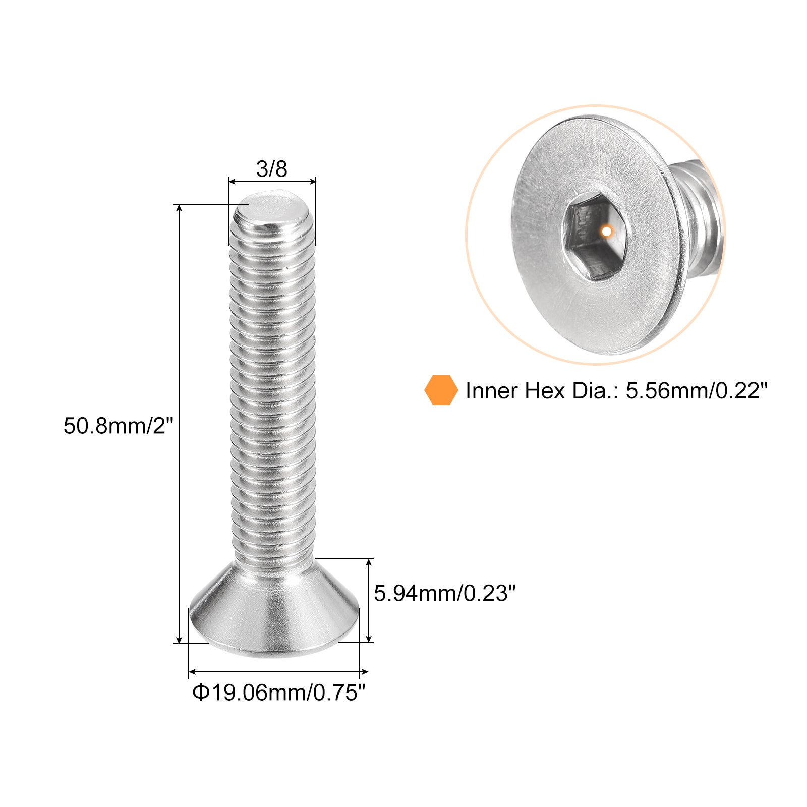 Uxcell 3/8-16x2" Flat Head Socket Cap Screws, 304 Stainless Steel ...