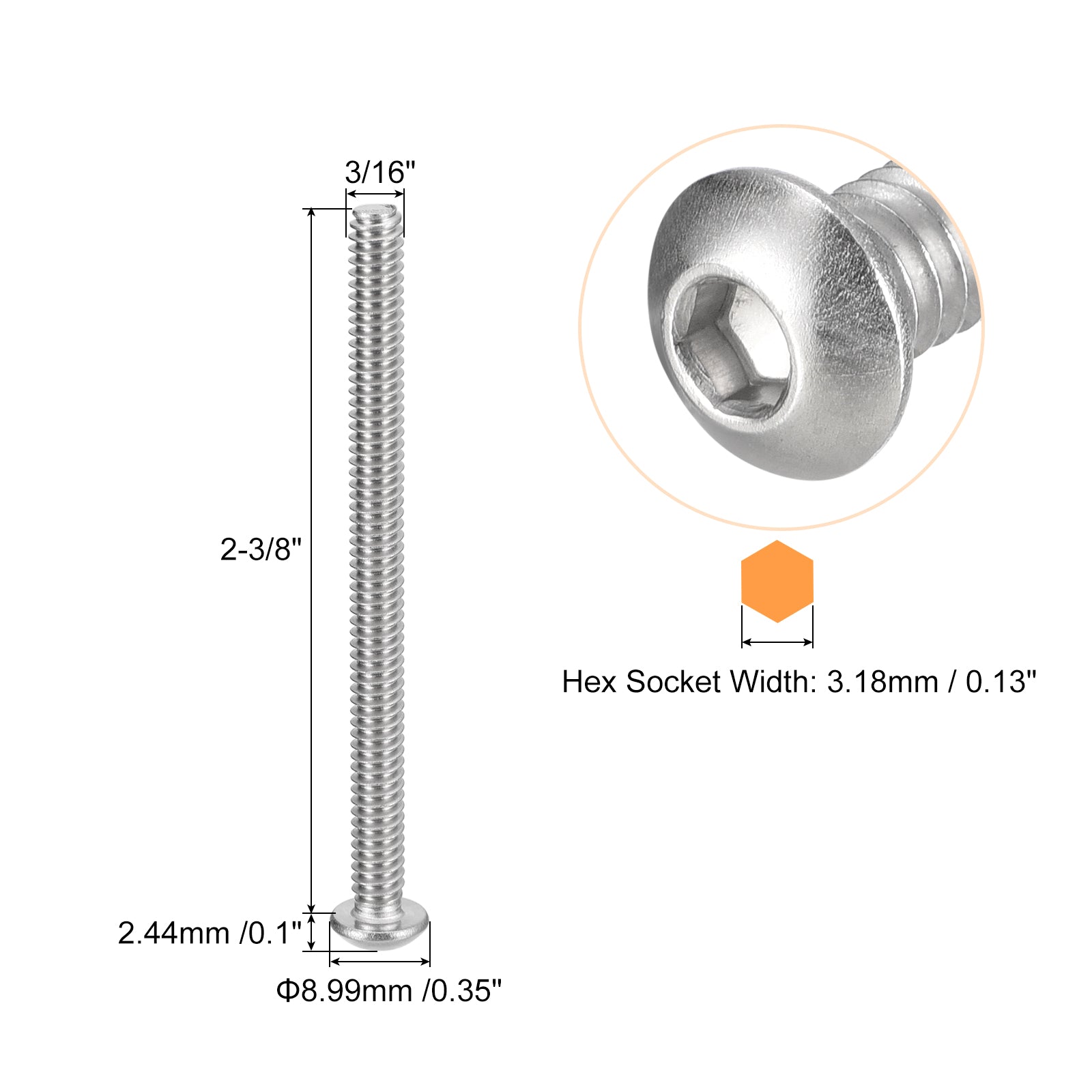 Uxcell #10-24x2-3/8" Button Head Socket Cap Screws, 20pcs 304 Stainless ...