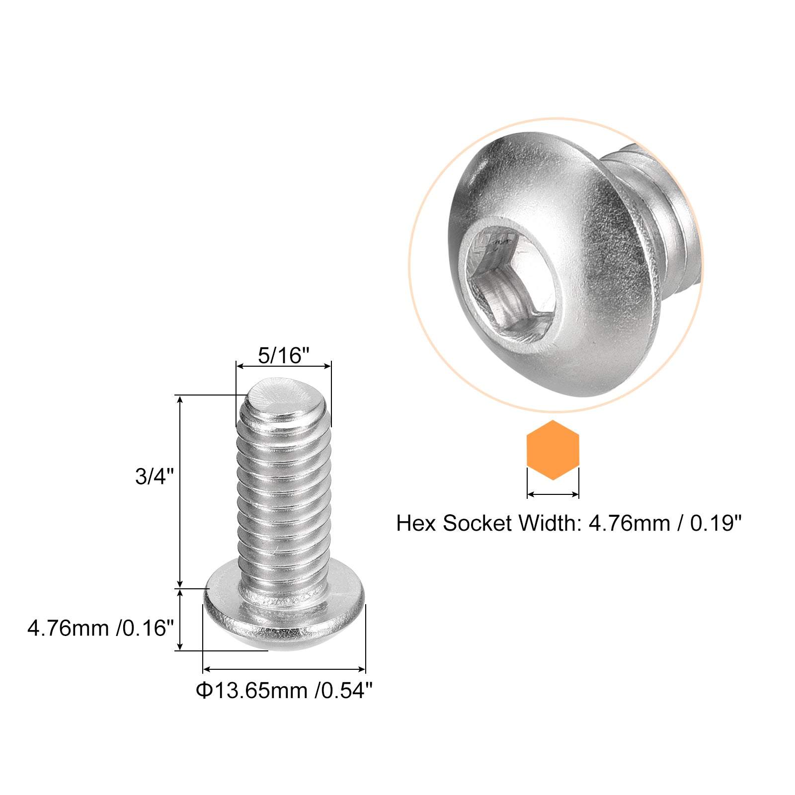 Uxcell 5/16-18x3/4" Button Head Socket Cap Screws, 10pcs 304 Stainless ...