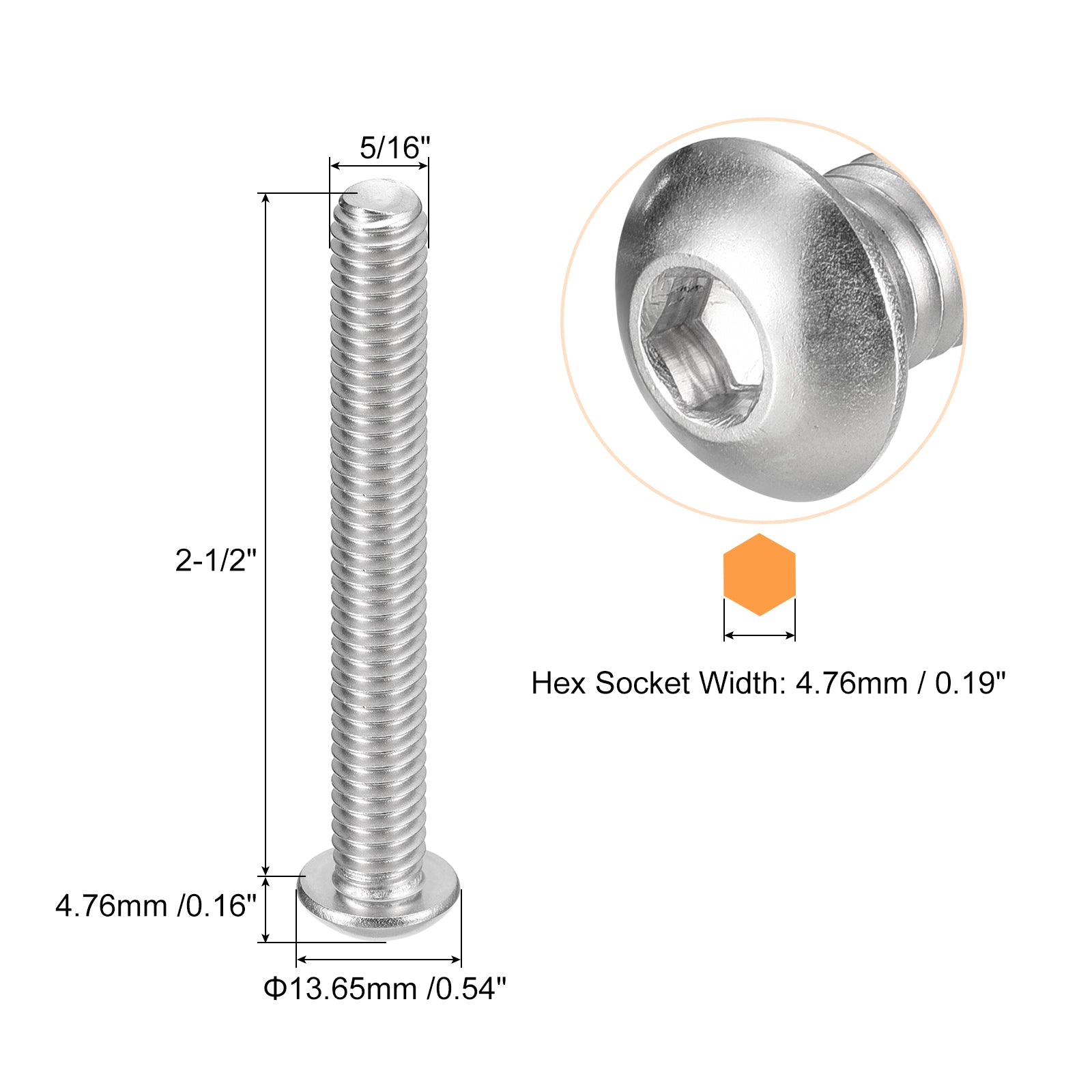 Uxcell 5/16-18x2-1/2" Button Head Socket Cap Screws, 10pcs 304 Stainless Steel Screws | Harfington