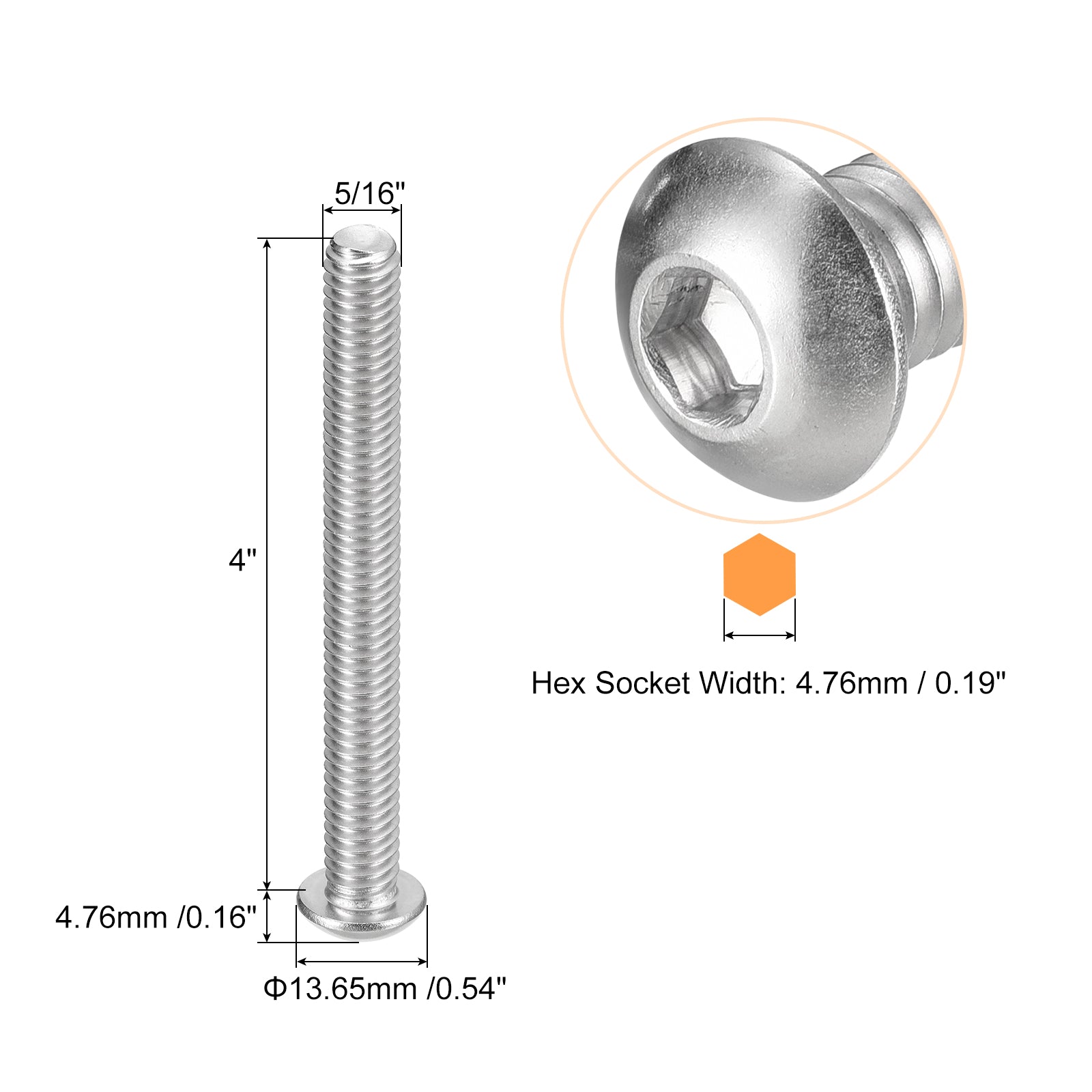 Uxcell 5/16-18x4" Button Head Socket Cap Screws, 5pcs 304 Stainless ...