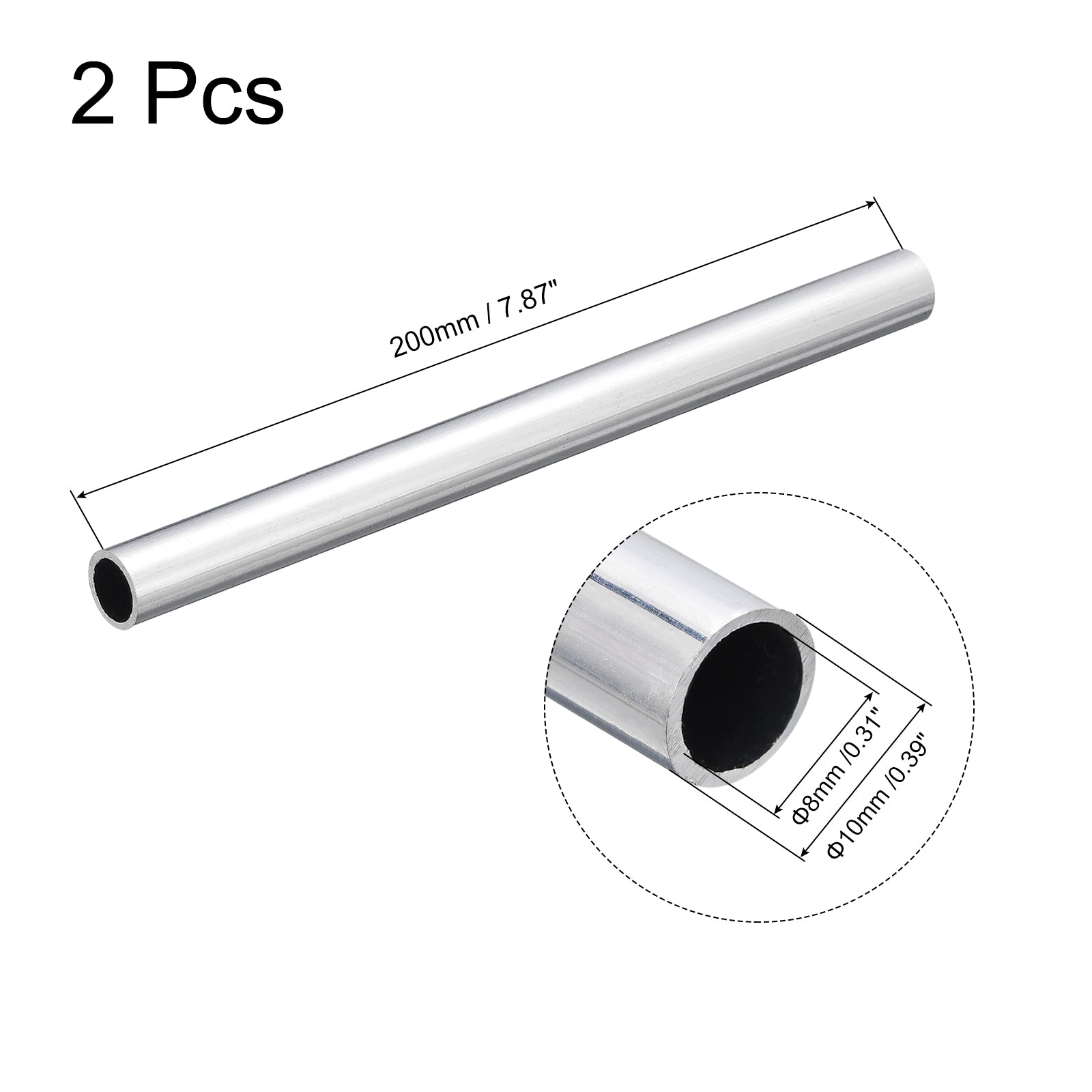 Uxcell 6063 Aluminum Round Tube, 10mm OD 8mm Inner Dia 200mm Length ...