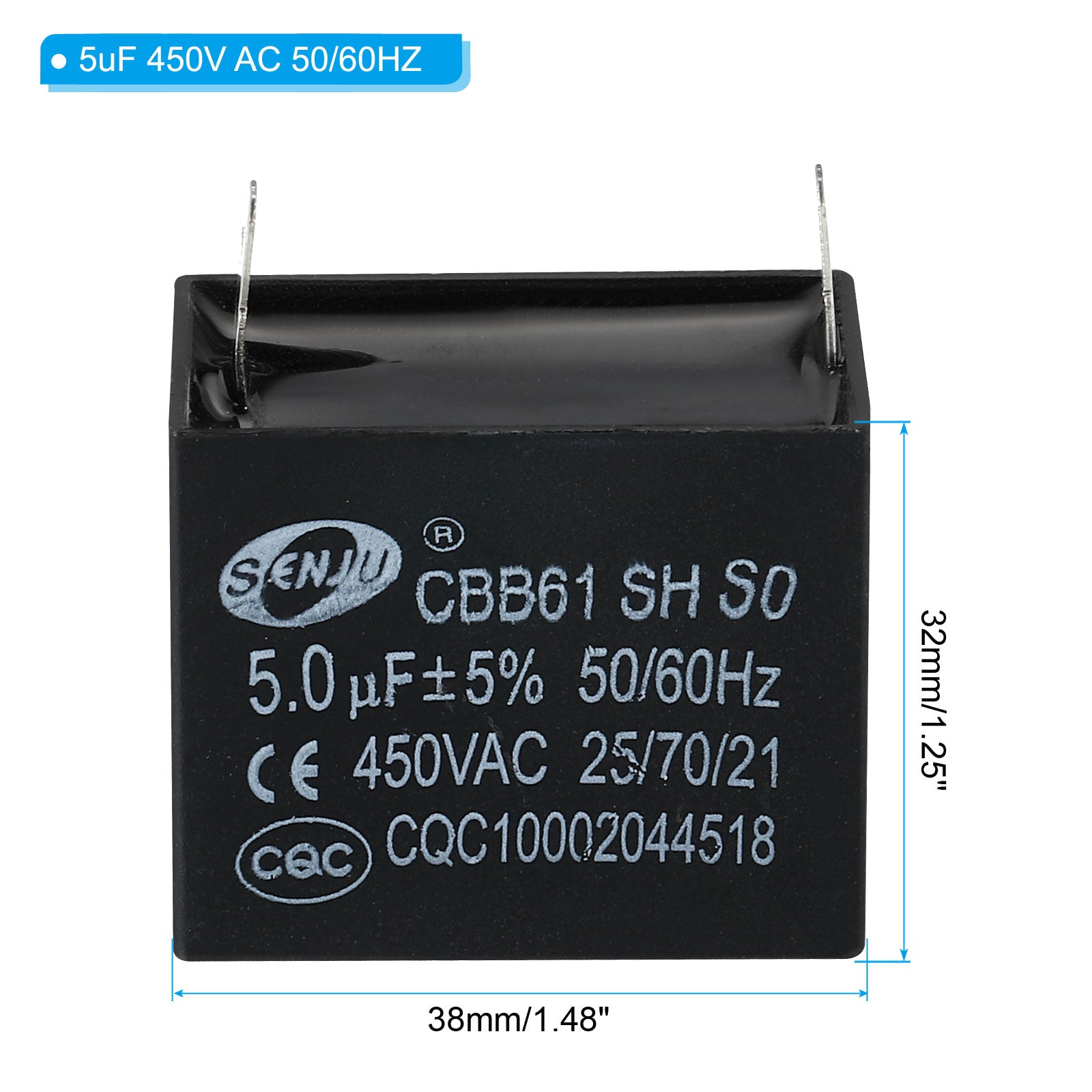 CBB61 Ceiling Fan Capacitor, 5Pcs 5uF 450V AC 50/60HZ with 2pins ...