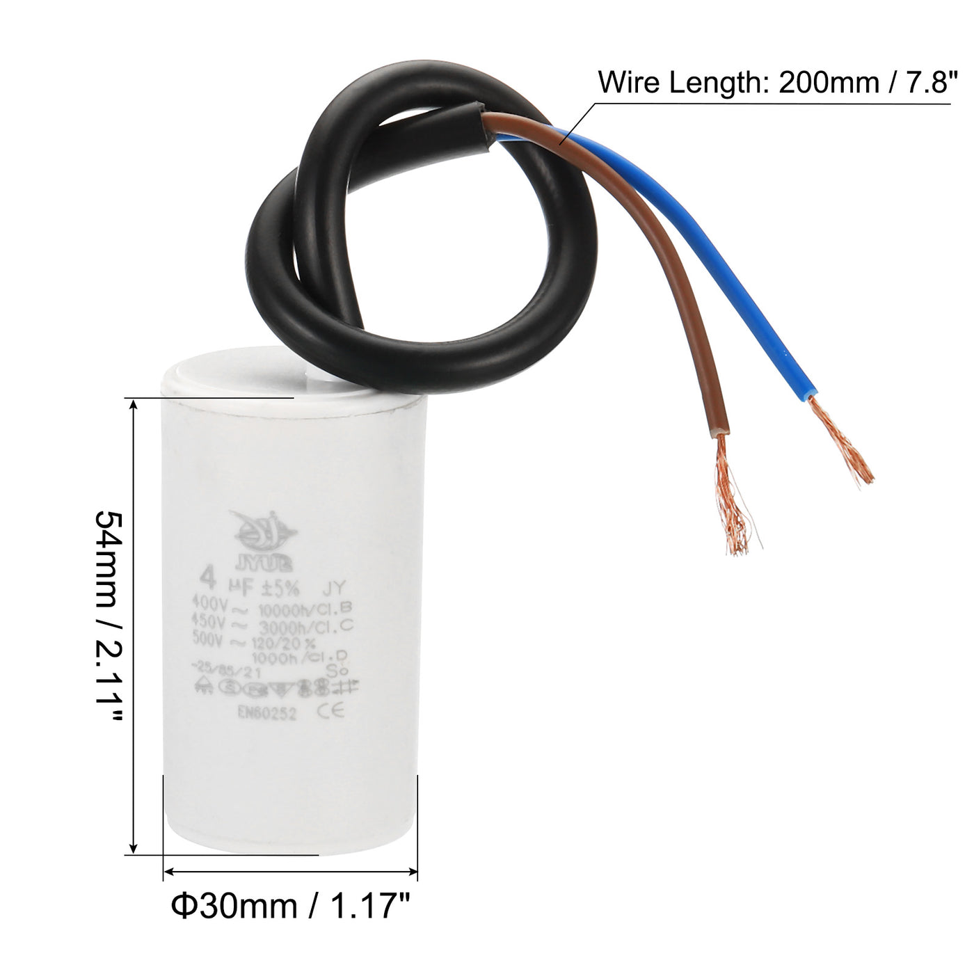 CBB60 4uf Running Capacitor,AC 450V 2 Wires 50/60Hz Cylinder 54x30mm | Harfington